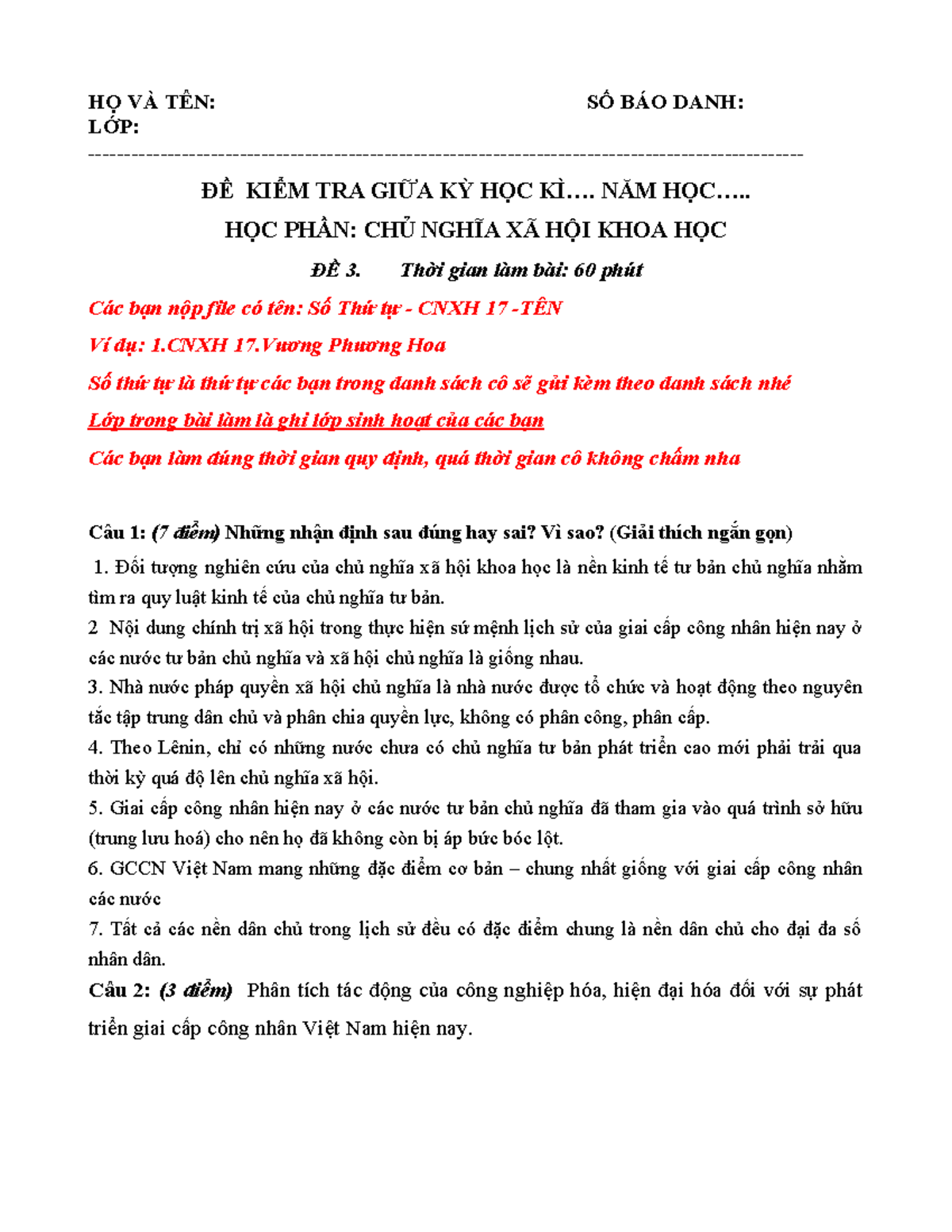 CNXH - cndj - HỌ VÀ TÊN: SỐ BÁO DANH: LỚP: - ĐỀ KIỂM TRA GIỮA KỲ HỌC KÌ ...