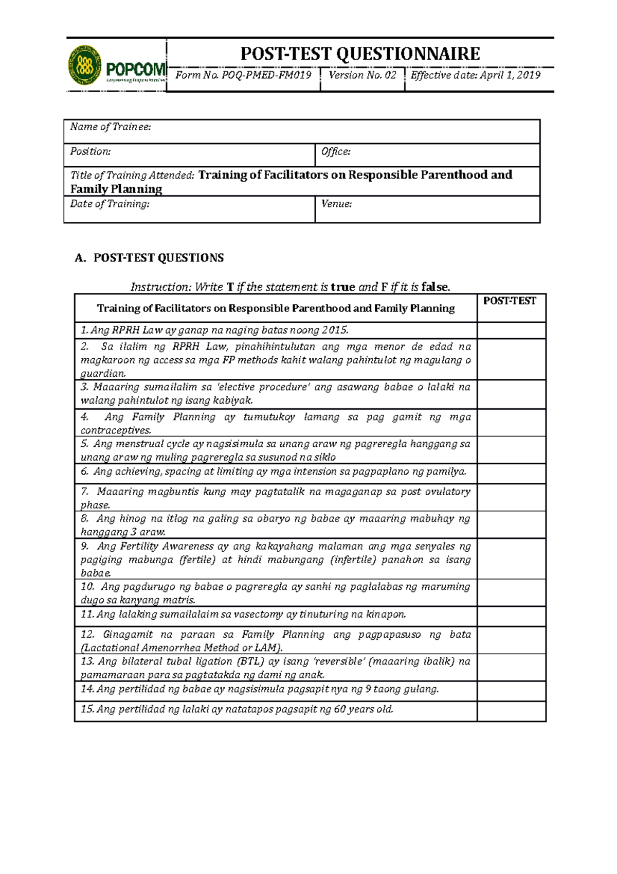 Post test RPFP - Post test RPFP - POST-TEST QUESTIONNAIRE Form No. POQ ...