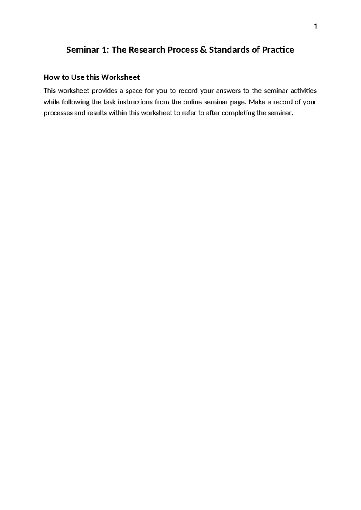 HSE104 - Seminar 1 Worksheet - Seminar 1: The Research Process ...