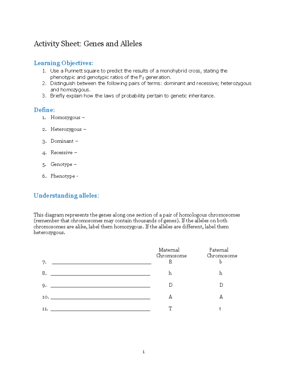 Activity on Genes and Alleles - Mendel - Activity Sheet: Genes and ...