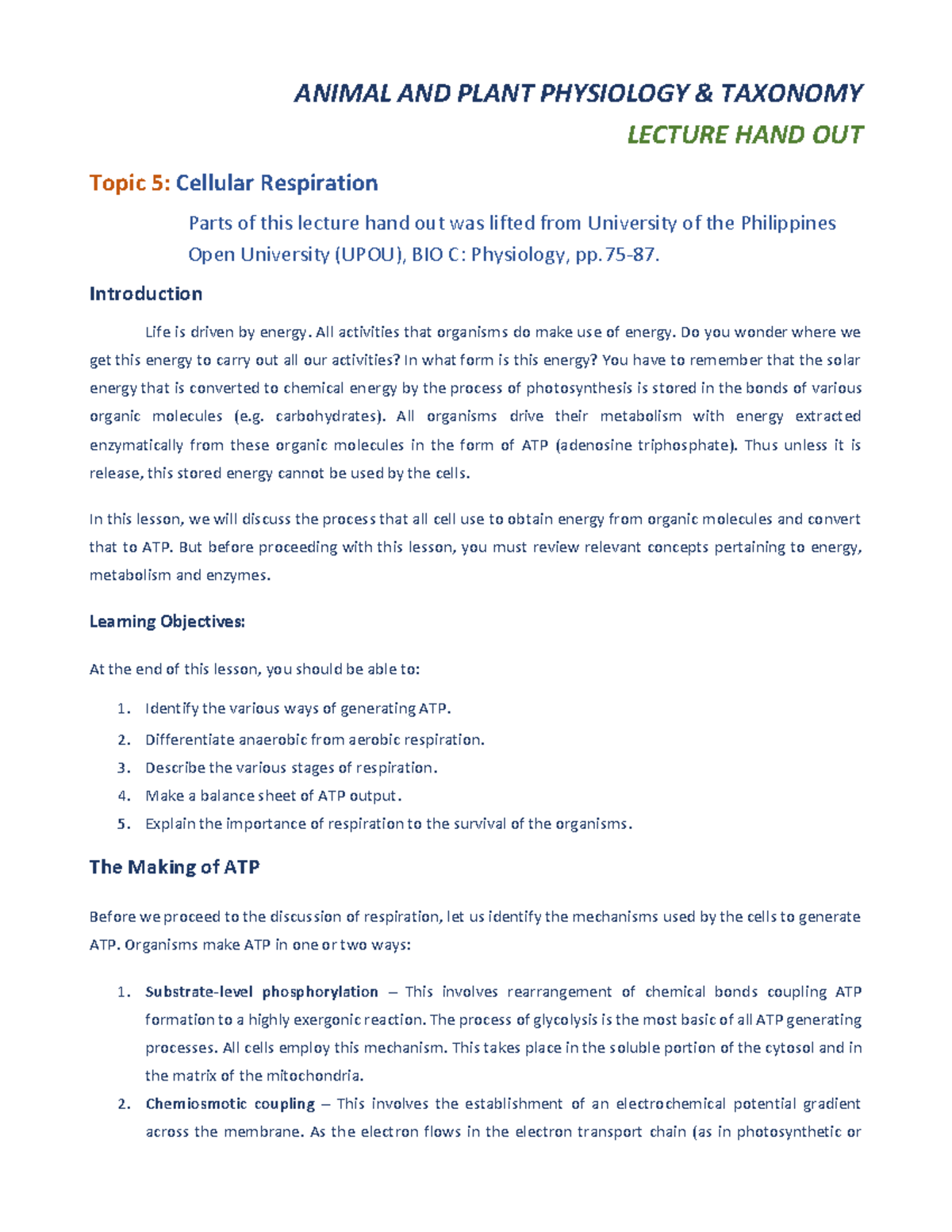 Topic 5 - Cellular Respiration - ANIMAL AND PLANT PHYSIOLOGY & TAXONOMY LECTURE HAND OUT Topic ...