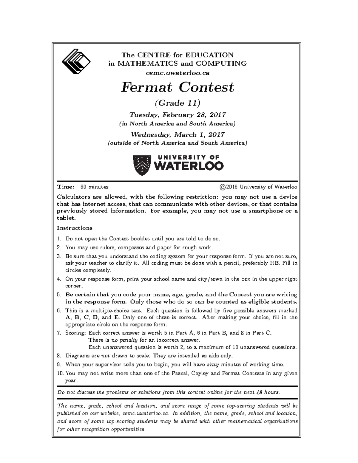 2017 Fermat Contest - math - The CENTRE for EDUCATION in MATHEMATICS ...