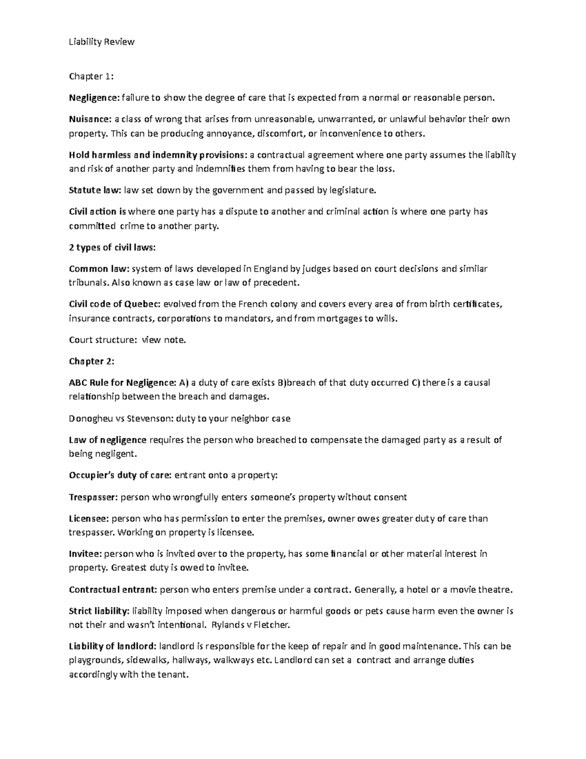Liability final notes - Chapter 1: Negligence: failure to show the ...