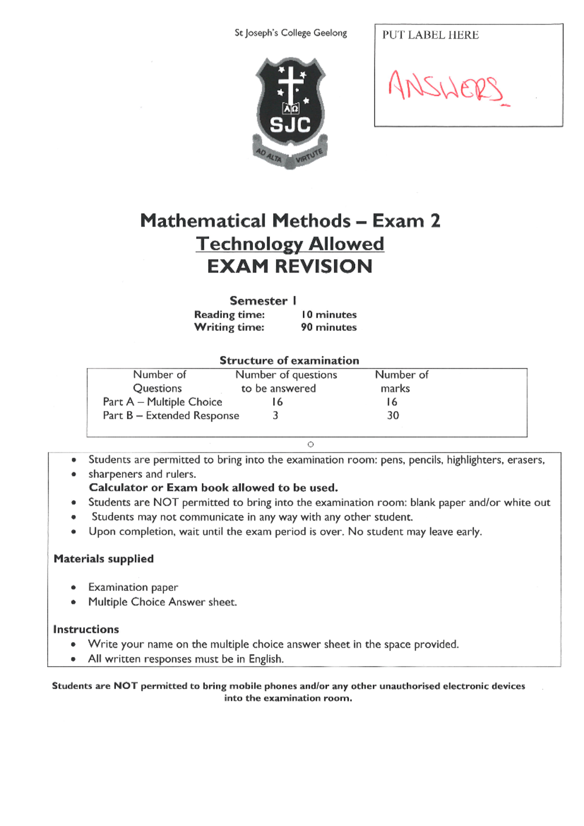 7. Sem 1 exam 2 revision answers - St College Geelong PUT LABEL HERE ...