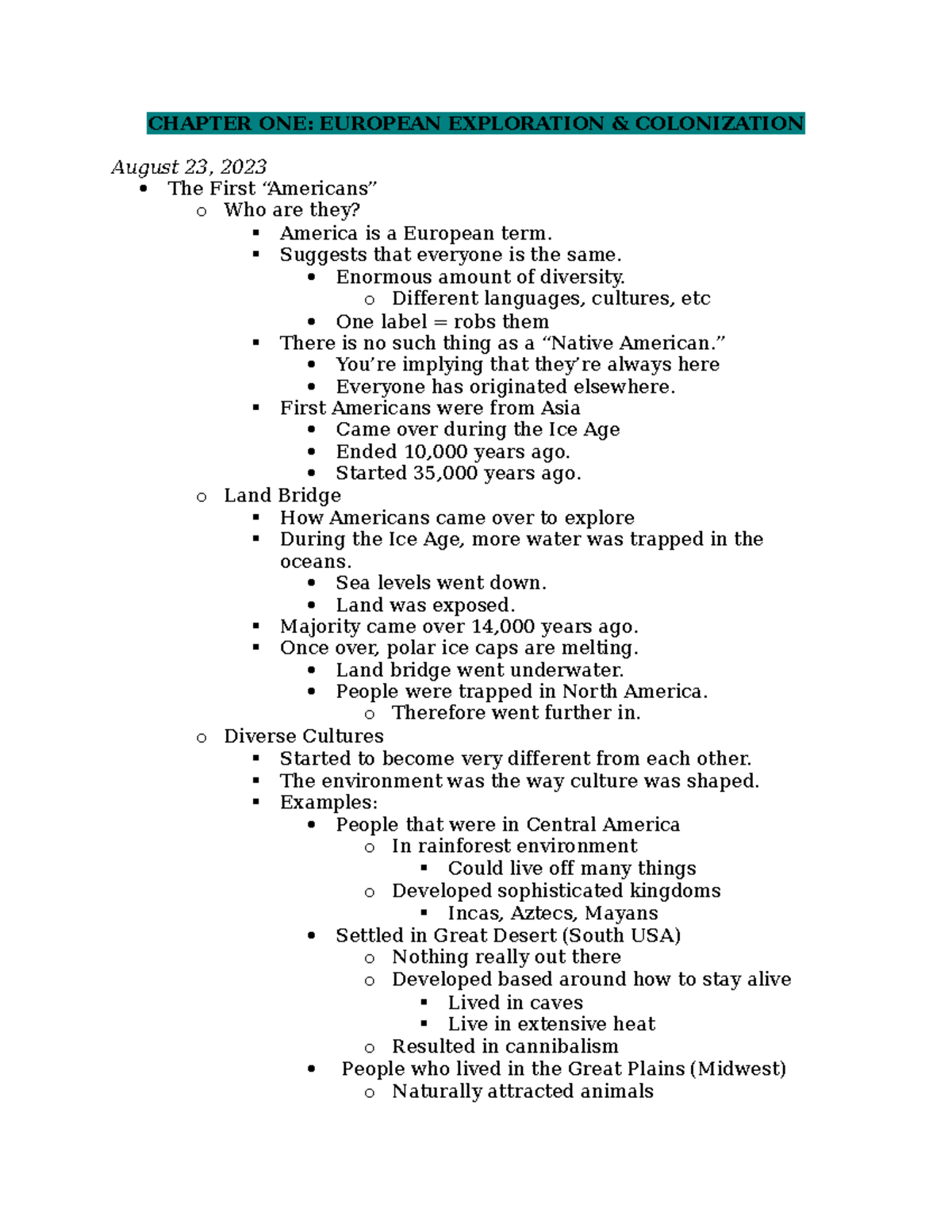 History Notes - CHAPTER ONE: EUROPEAN EXPLORATION & COLONIZATION August ...