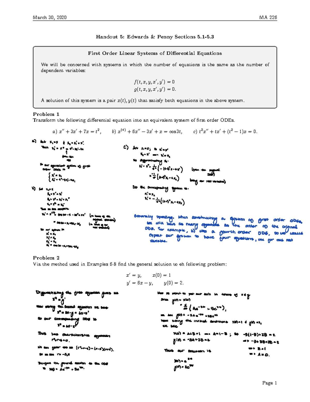 Handout 5solns - Professor Julian Fekety - Handout 5: Edwards & Penny ...