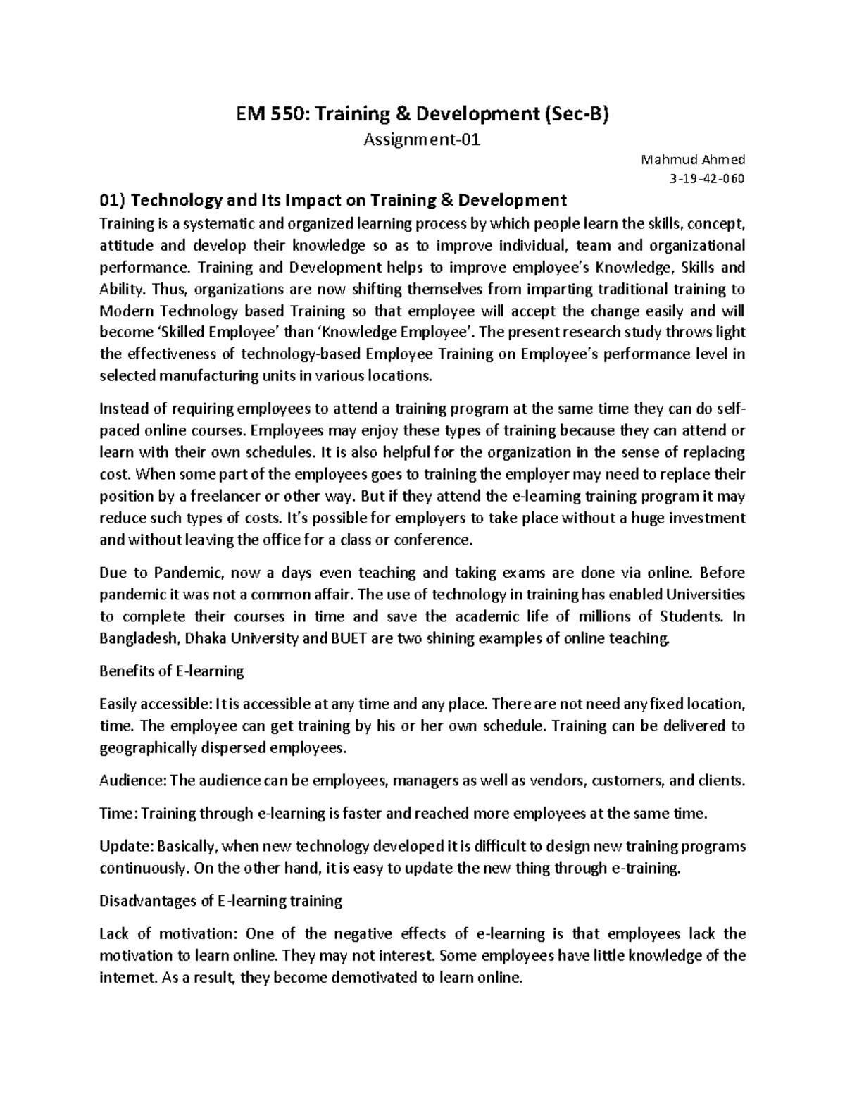 Assignment Training & Development (Sec-B) Fall-2021 Mahmud Ahmed (3-19 ...