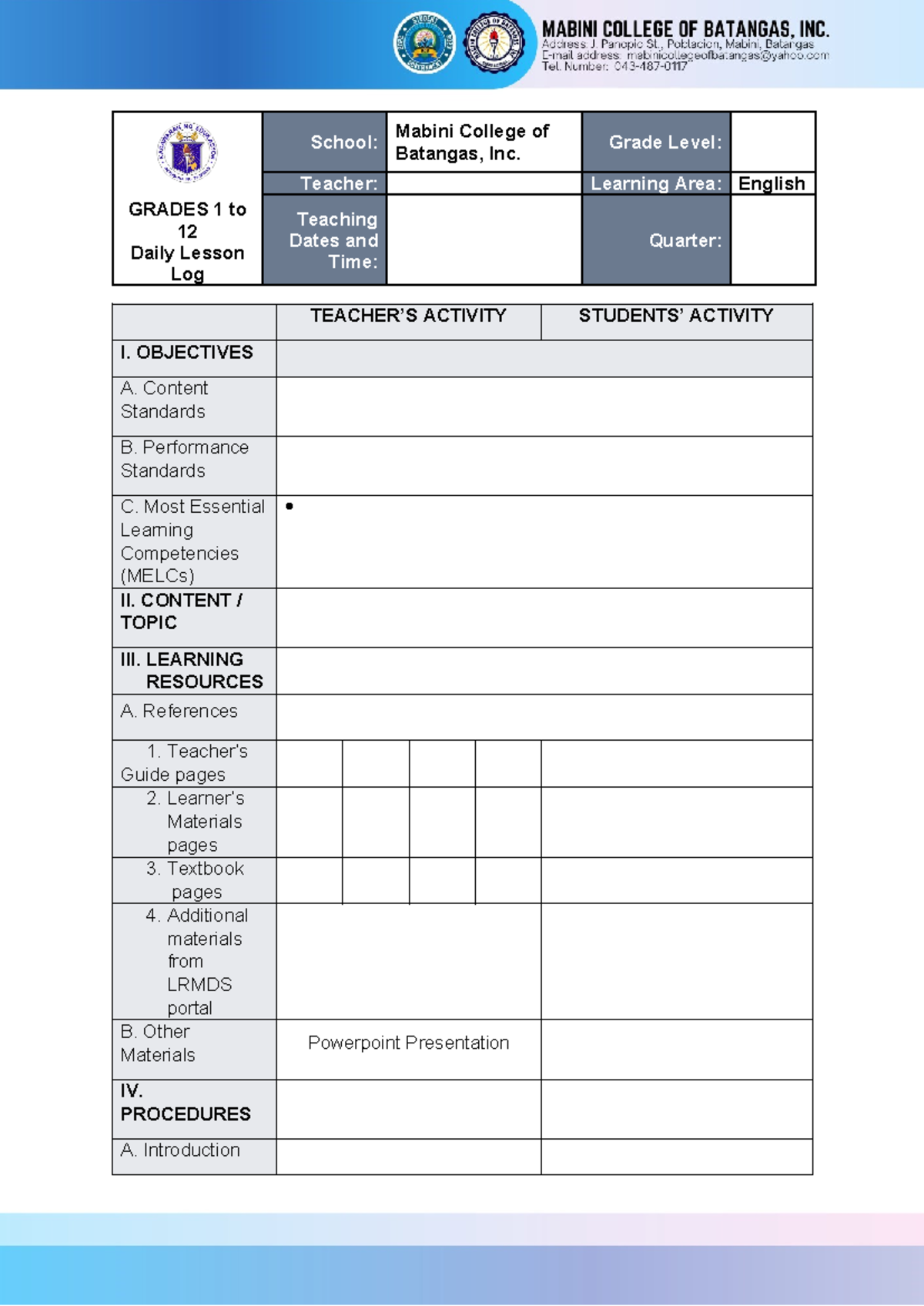 Dll - dll template - GRADES 1 to 12 Daily Lesson Log School: Mabini ...