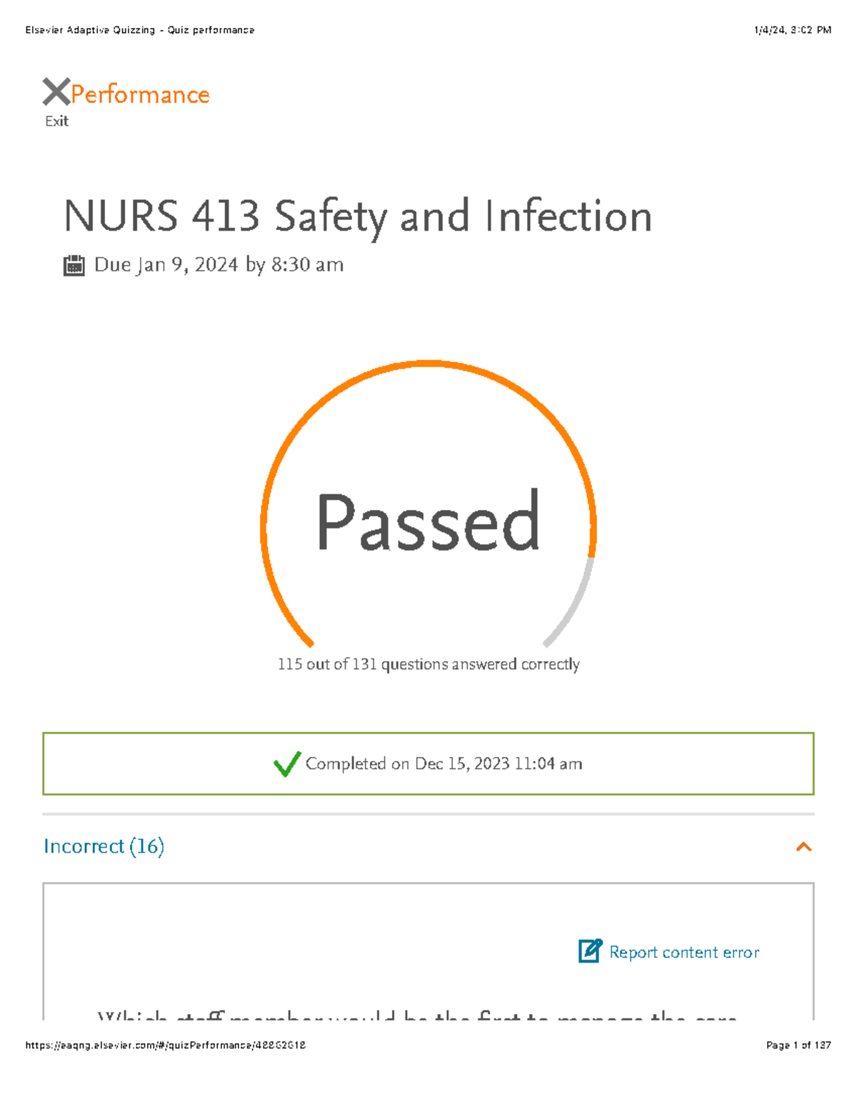 Safety and Infection - EAQ - ####### Exit Performance NURS 413 Safety ...