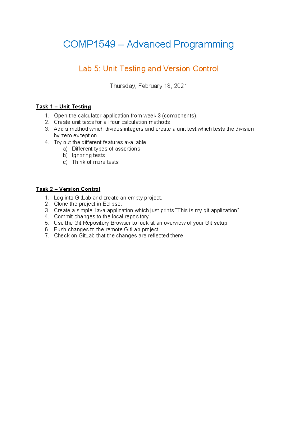 COM1549 Lab 5 - lab paper - COMP1 549 – Advanced Programming Lab 5 ...