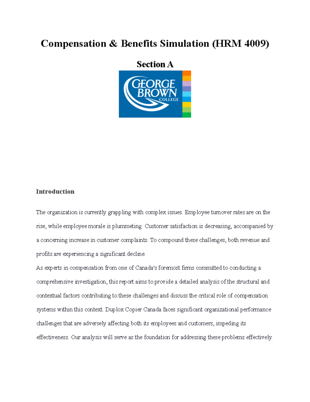 Duplox Simulation Section A - Compensation & Benefits Simulation (HRM ...