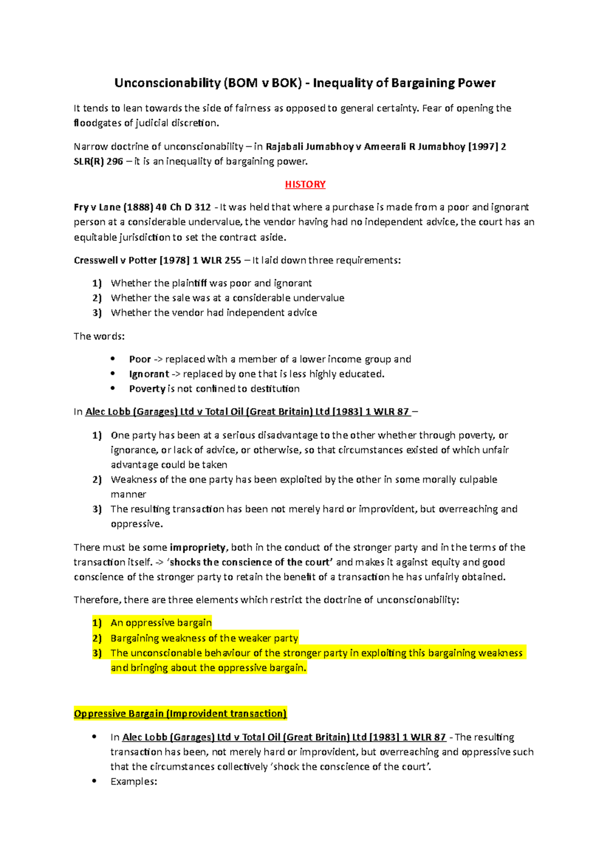 Contract Law - Unconscionability - Unconscionability (BOM v BOK ...