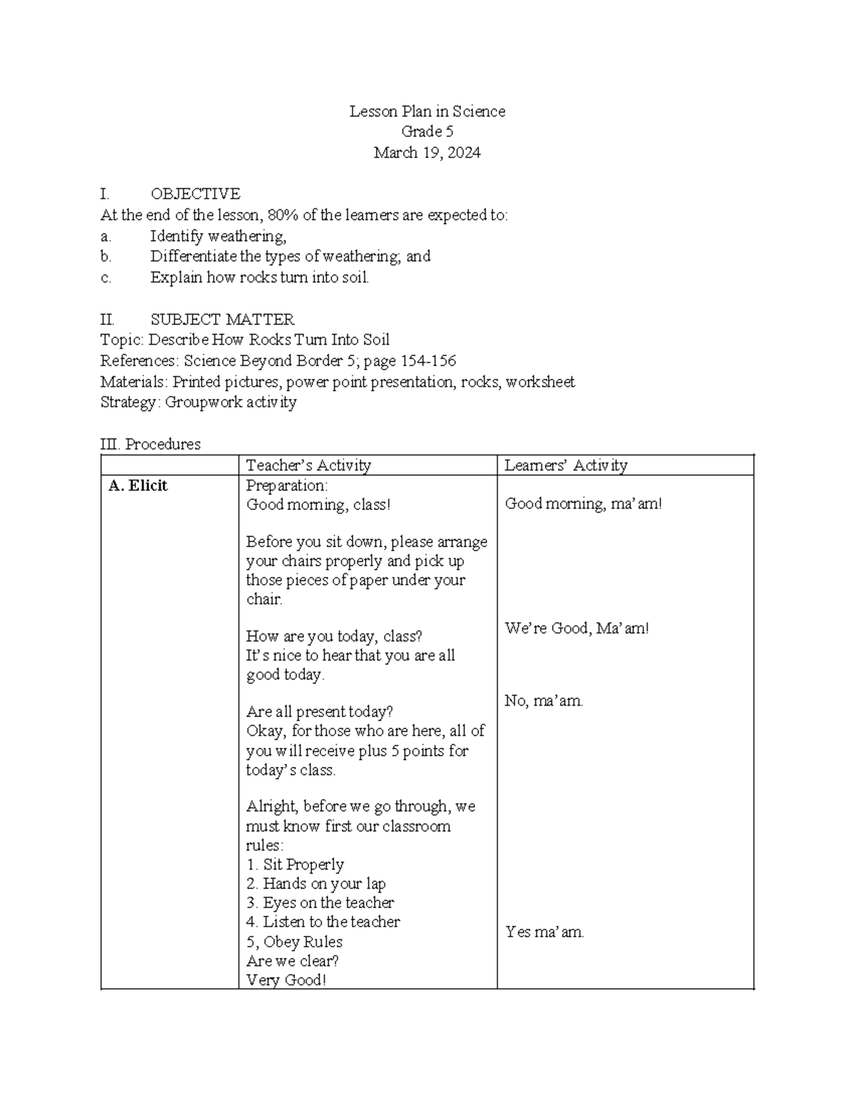 7E Lesson Plan in Science - Lesson Plan in Science Grade 5 March 19 ...