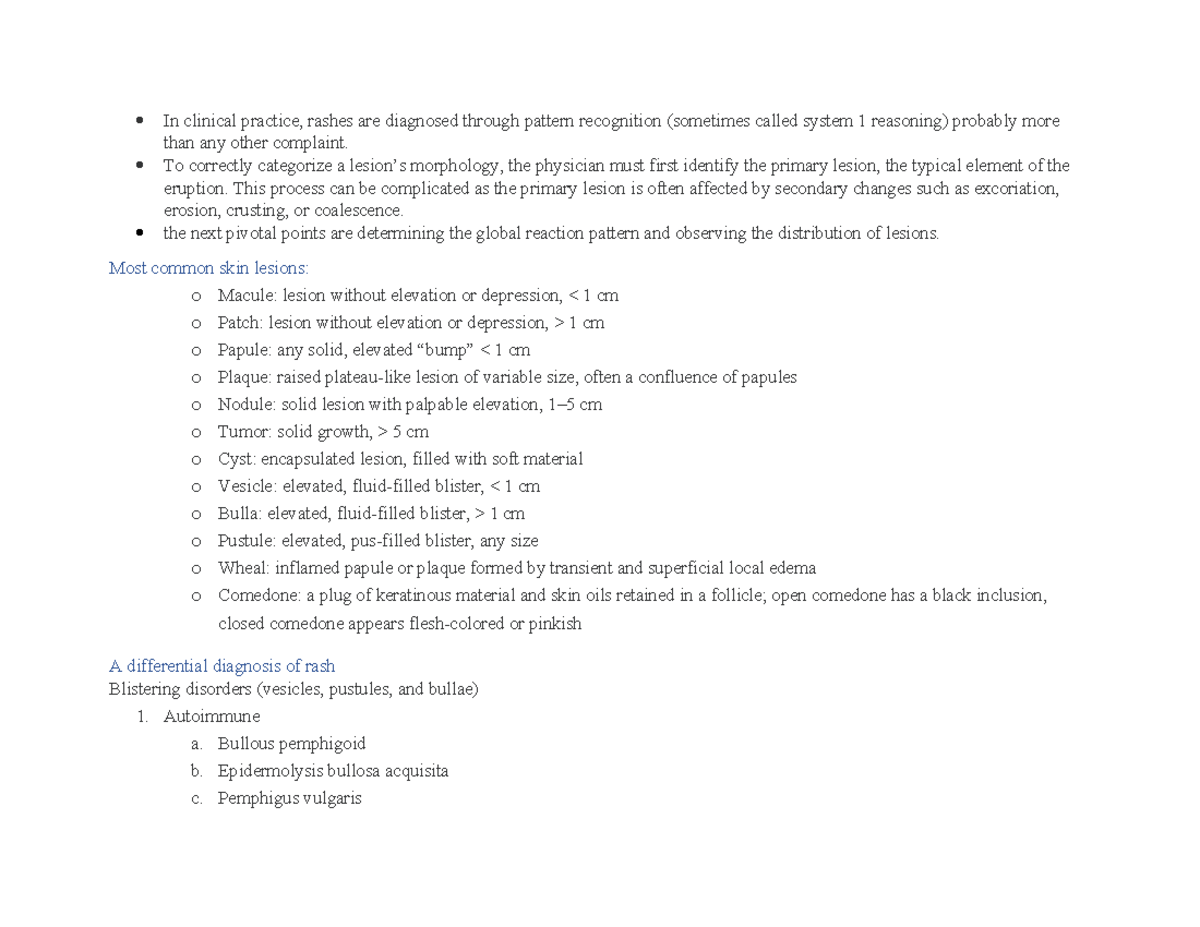 Skin study guide - In clinical practice, rashes are diagnosed through ...