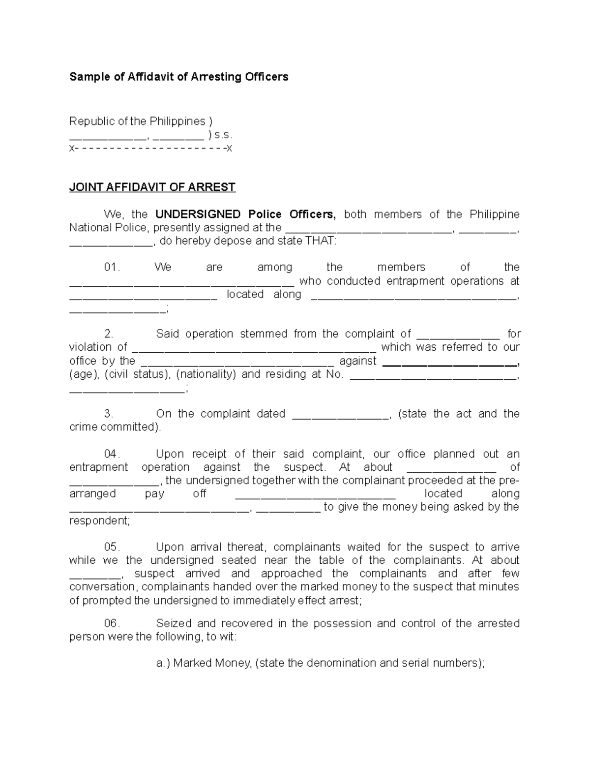 Sample of Affidavit of Arresting Officers - x-x JOINT AFFIDAVIT OF ARREST We, the UNDERSIGNED ...