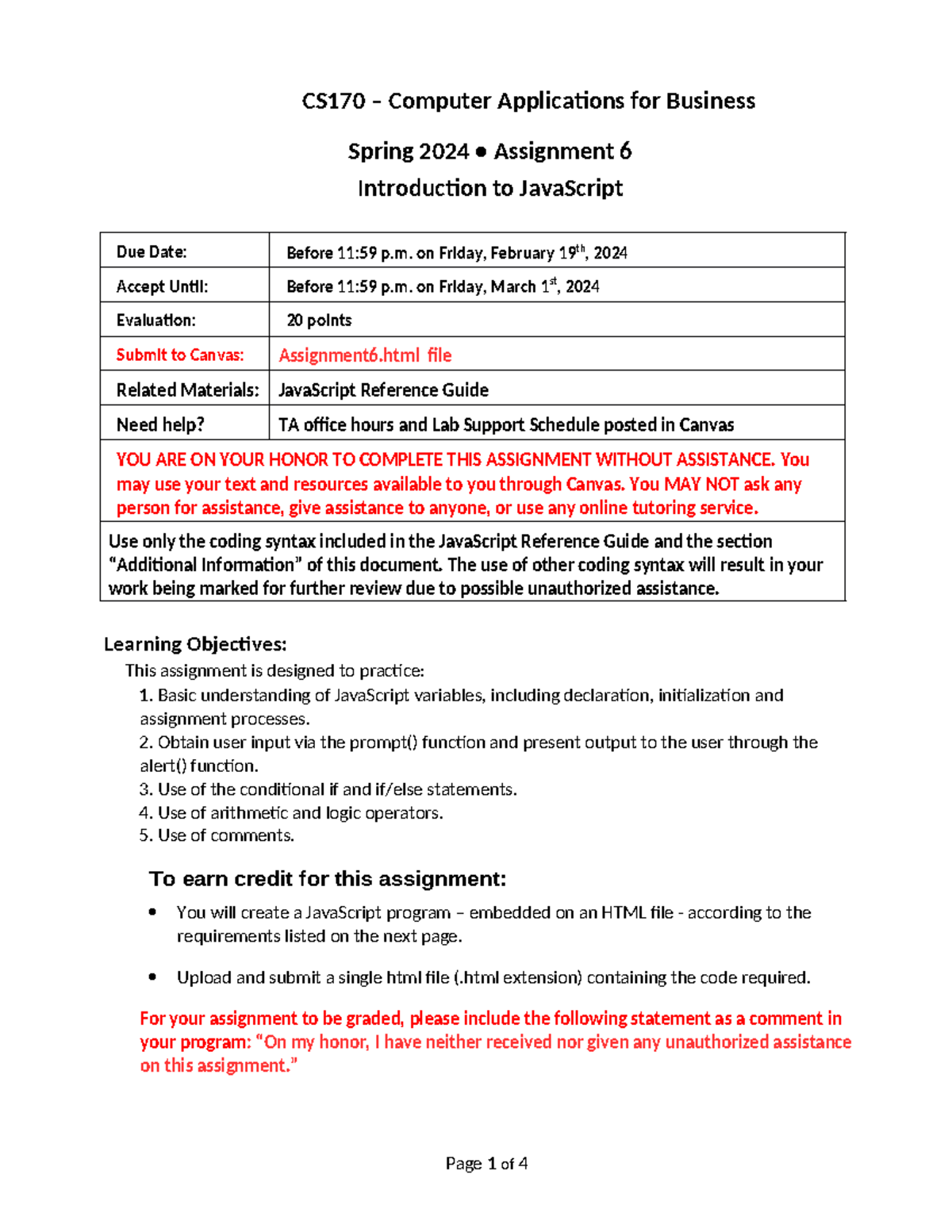 Assignment 06 Instructions Basic Java Script Cs170 Computer Applications For Business Spring