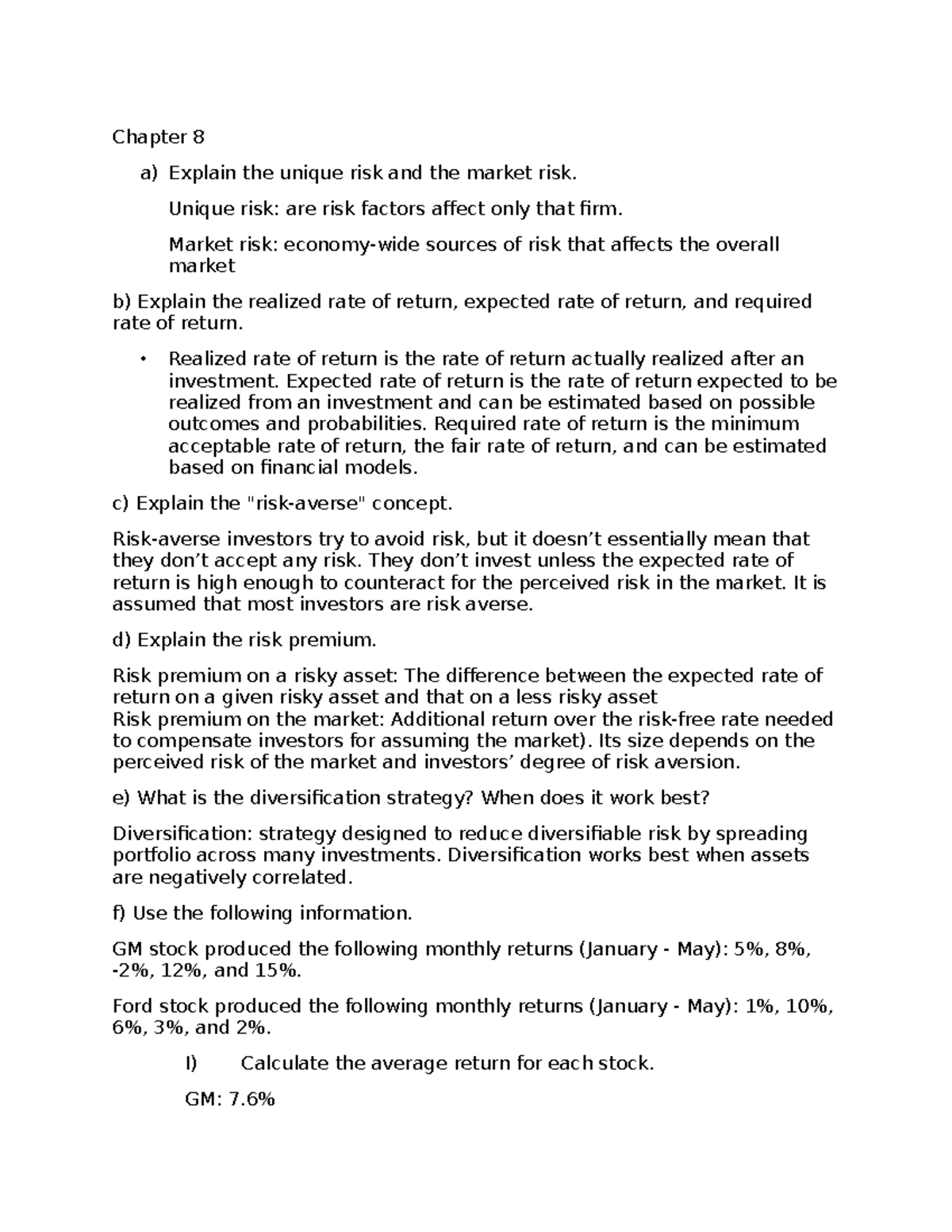 Weekly assignments week 1 -MF - Chapter 8 a) Explain the unique risk ...