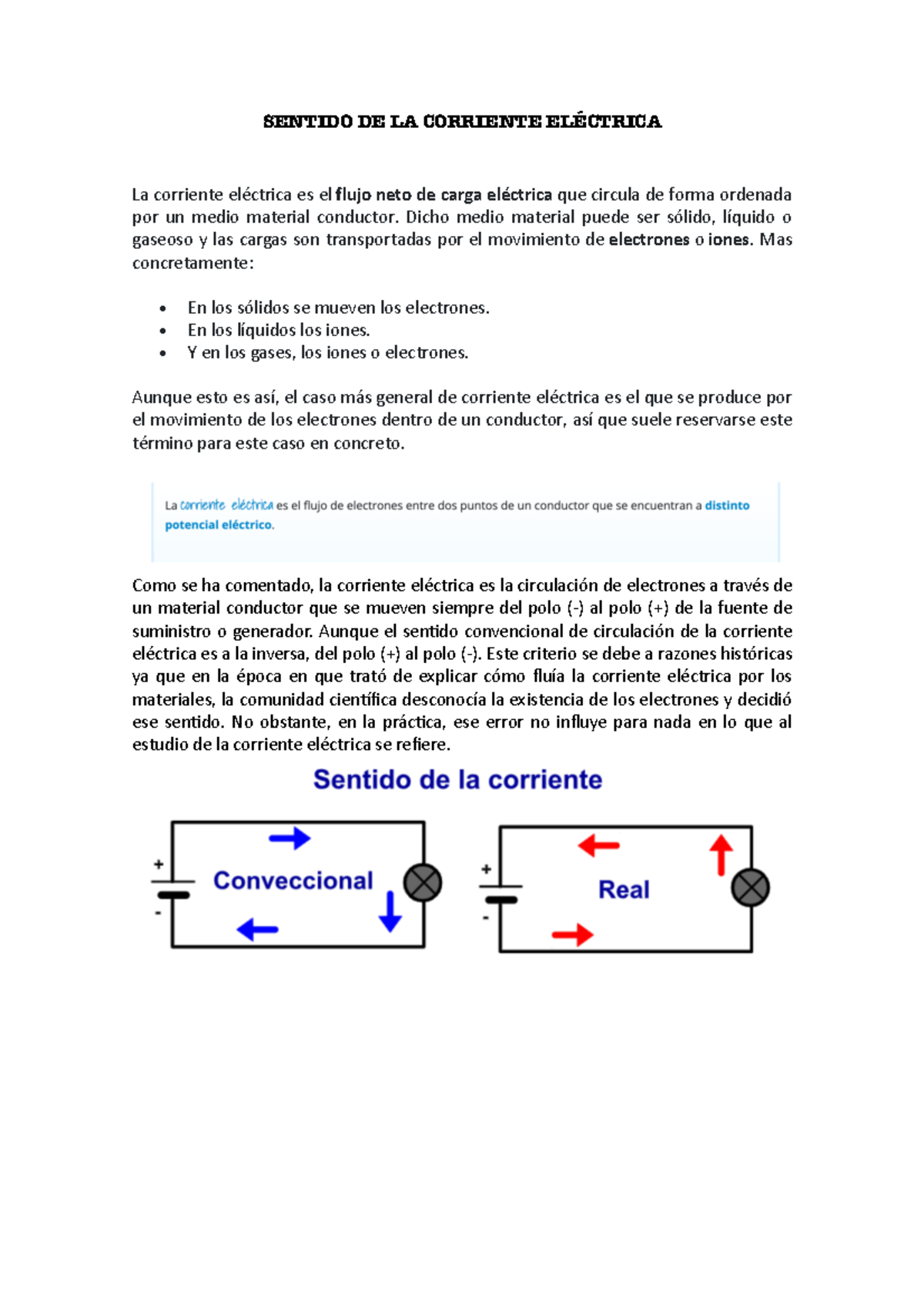 Sentido DE LA Corriente ELÉ Ctrica - SENTIDO DE LA CORRIENTE ELÉCTRICA La corriente eléctrica es ...