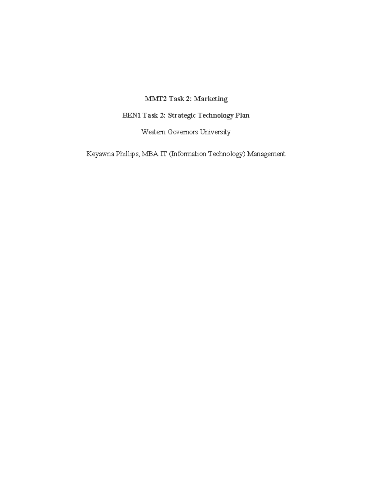 MMT2 Task 2 Finished 1 - MMT2 Task 2: Marketing BEN1 Task 2: Strategic Technology Plan Western ...