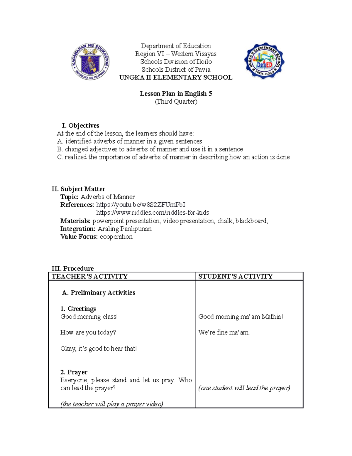 Lesson PLAN V ( Adverbs OF Manner) - Department of Education Region VI ...