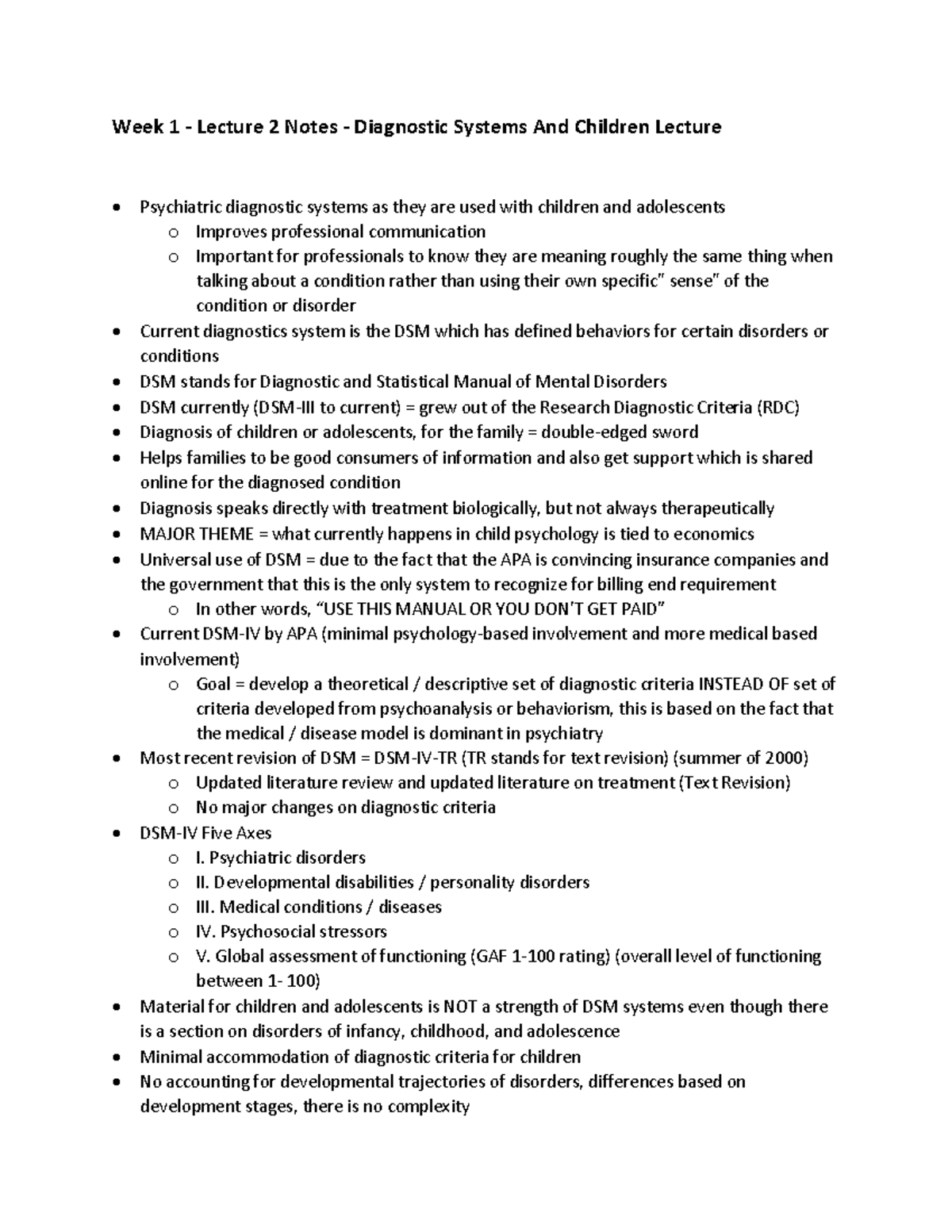Week 1 - Lecture 2 Notes - Diagnostic Systems And Children ...