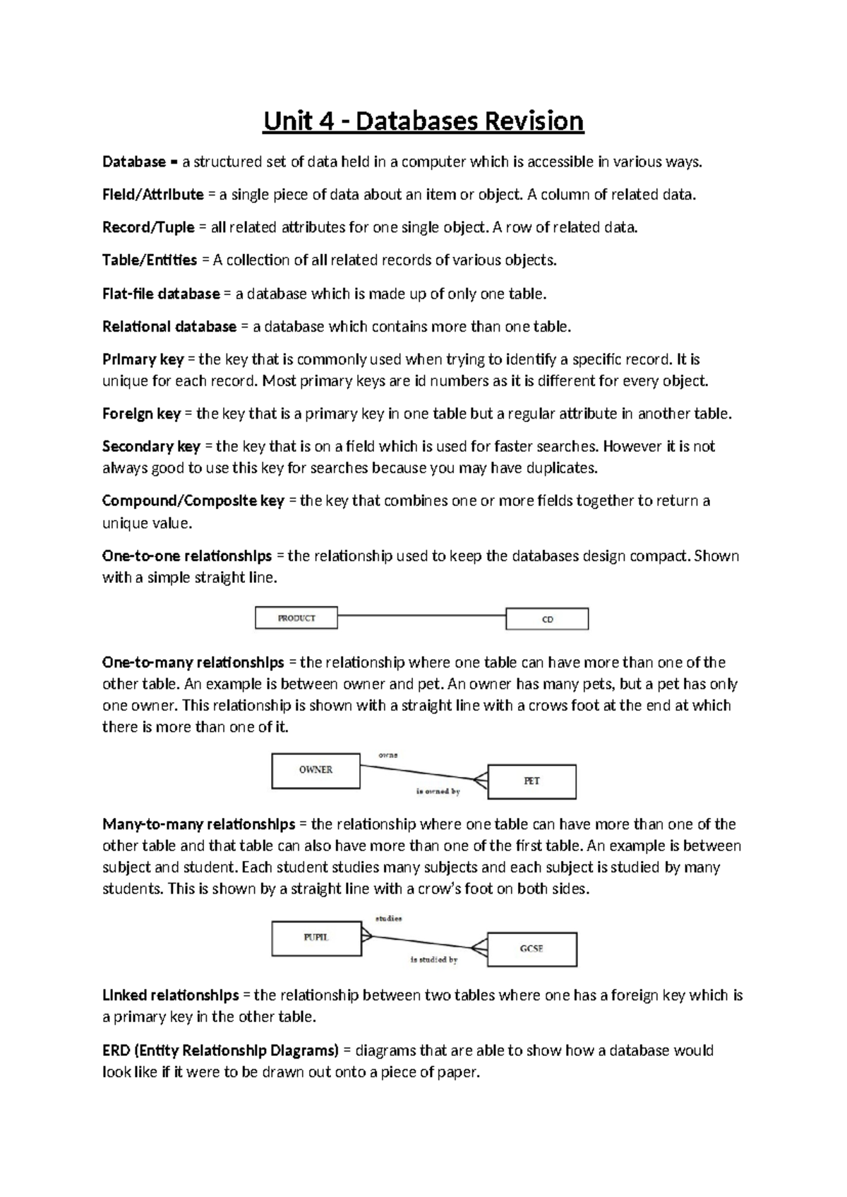 Database Revision Unit 4 Databases Revision Database A Structured Set Of Data Held In A 