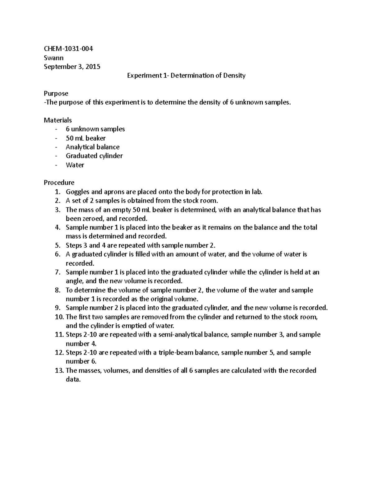 Experiment 1- Determination of Density - CHEM-1031- Swann September 3 ...