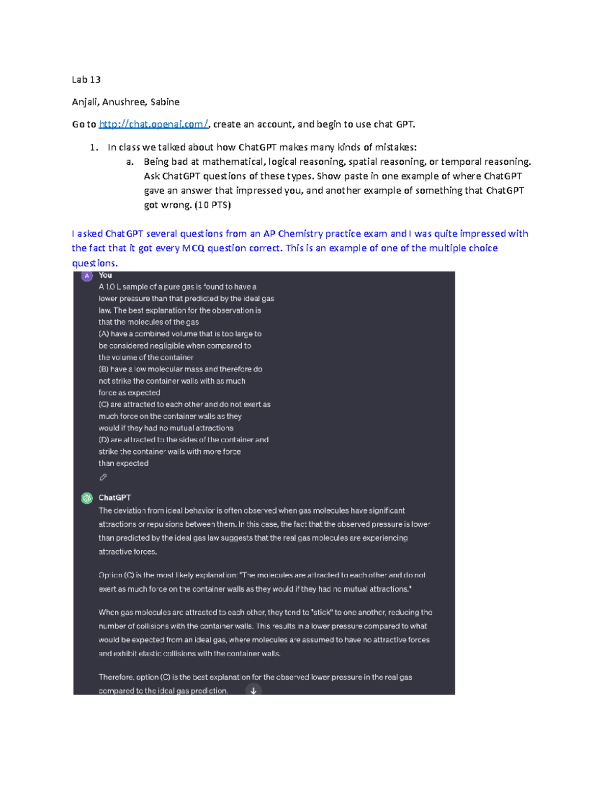 Lab 13 Chat GPT - lab 13 on chat gpt - Lab 13 Anjali, Anushree, Sabine Go to chat.openai ...