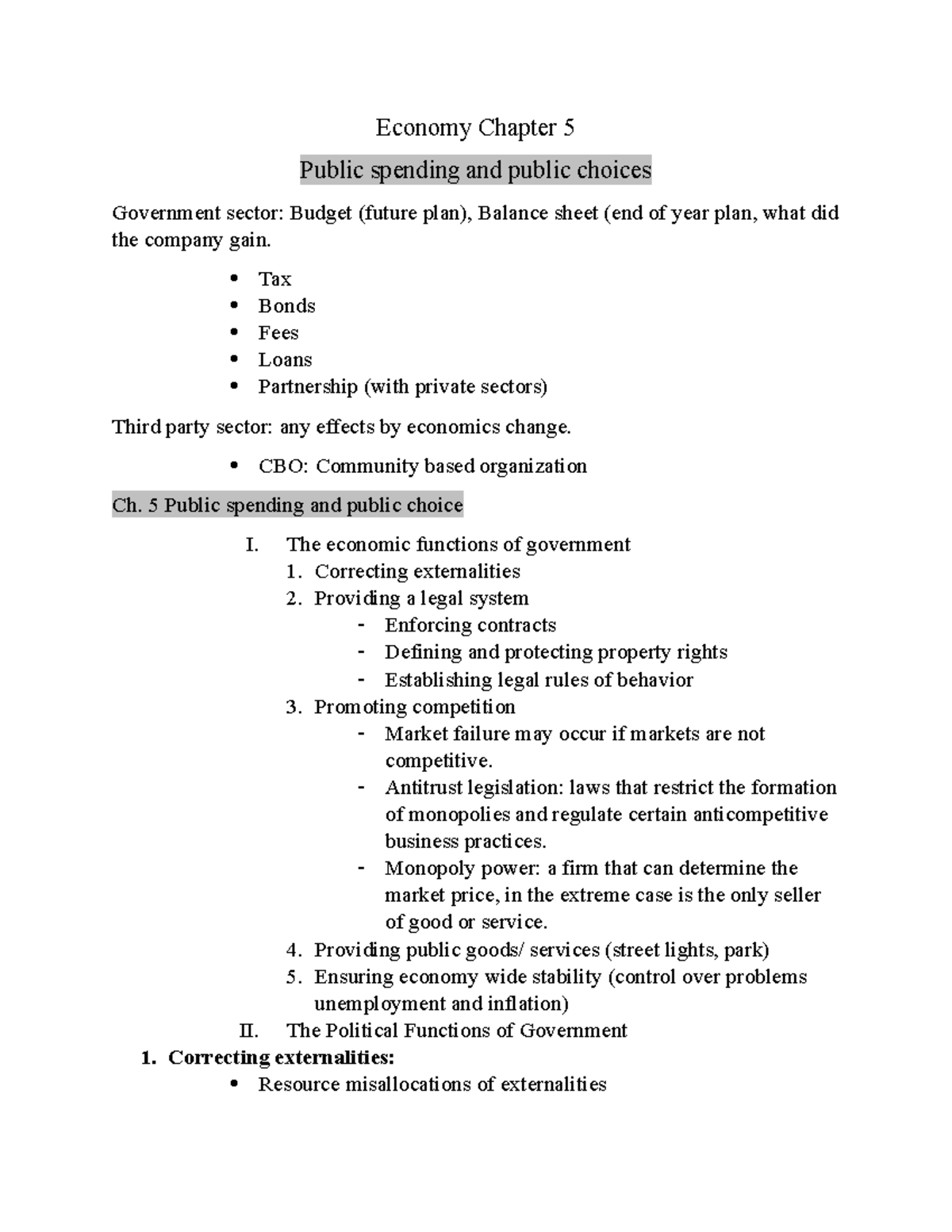 Econ Ch. 5 - Notes - Economy Chapter 5 Public spending and public ...