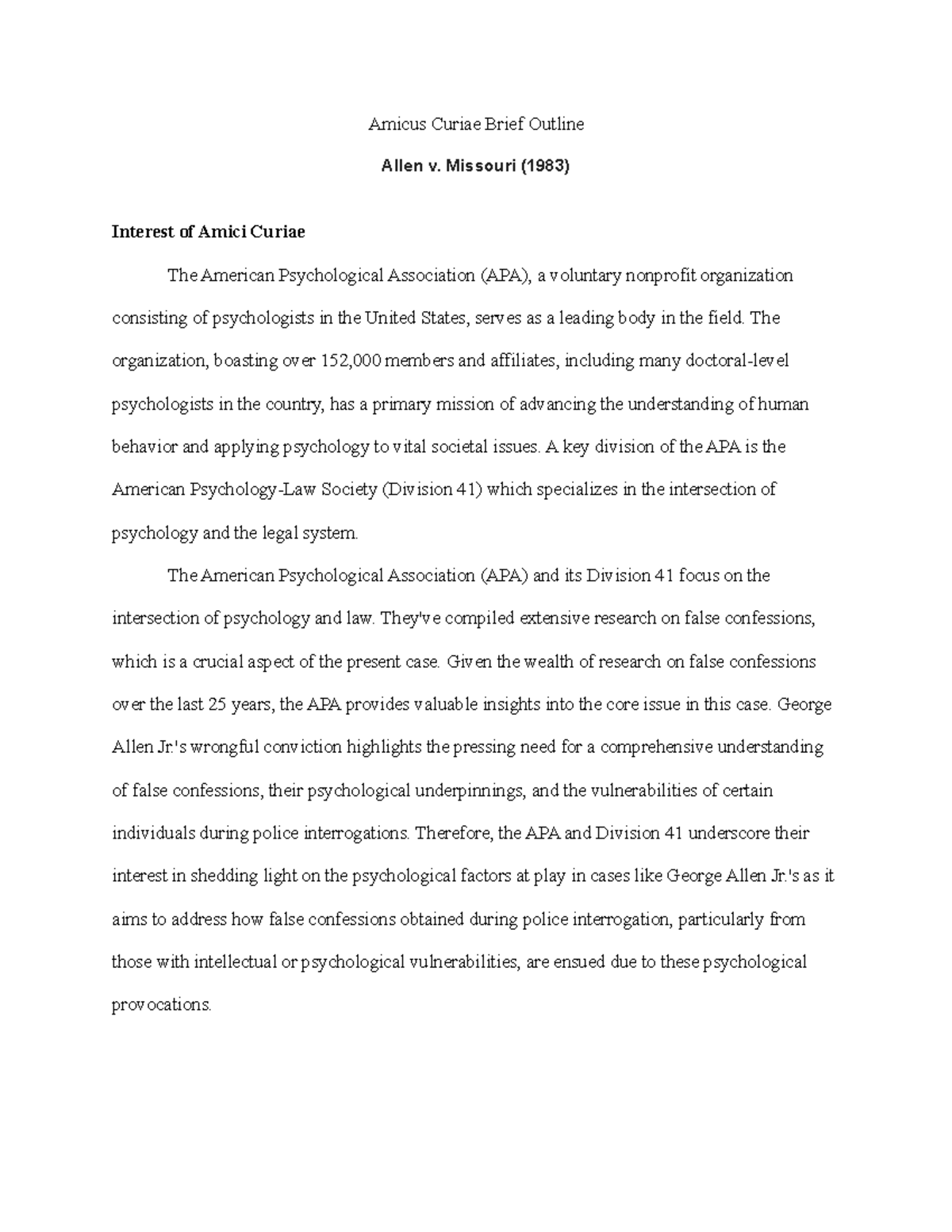 Amicus Brief Outline - Amicus Curiae Brief Outline Allen v. Missouri ...