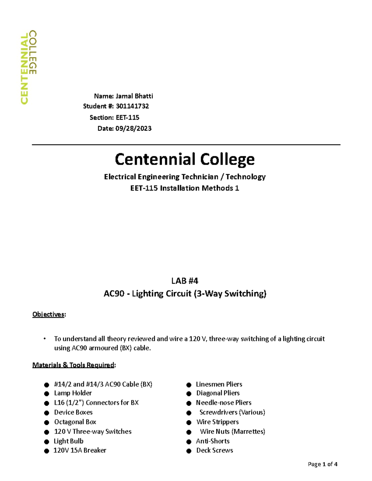 AC90 - Lighting Circuit (3-Way Switching) - Centennial College Electrical Engineering Technician ...
