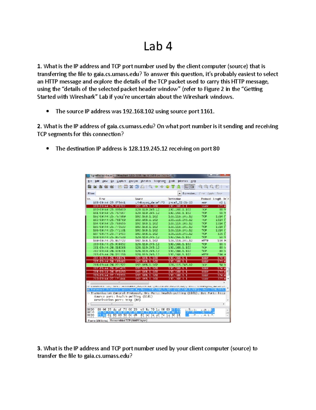 Lab 4 computer networks - jelena misic - Lab 4 1. What is the IP address and TCP port number ...