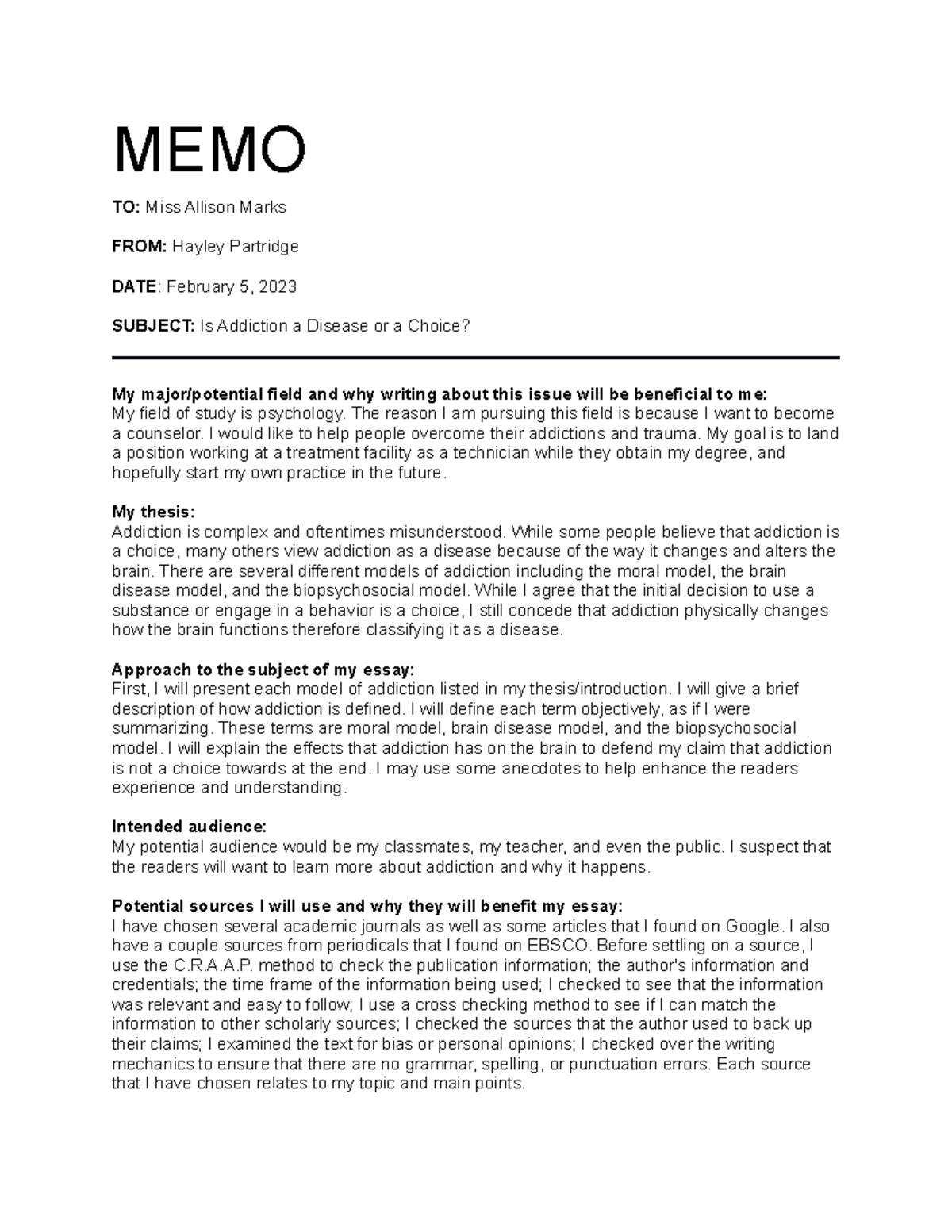Research Essay Proposal Memo COM1010 - MEMO TO: Miss Allison Marks FROM ...