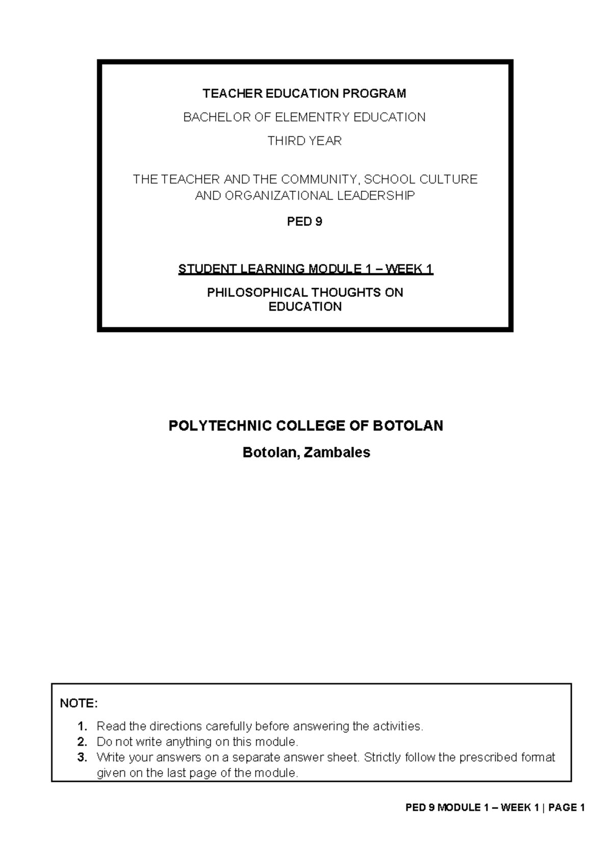 PED9 - Module 1 - PRINCIPLES OF EDUCATION 9 - POLYTECHNIC COLLEGE OF ...