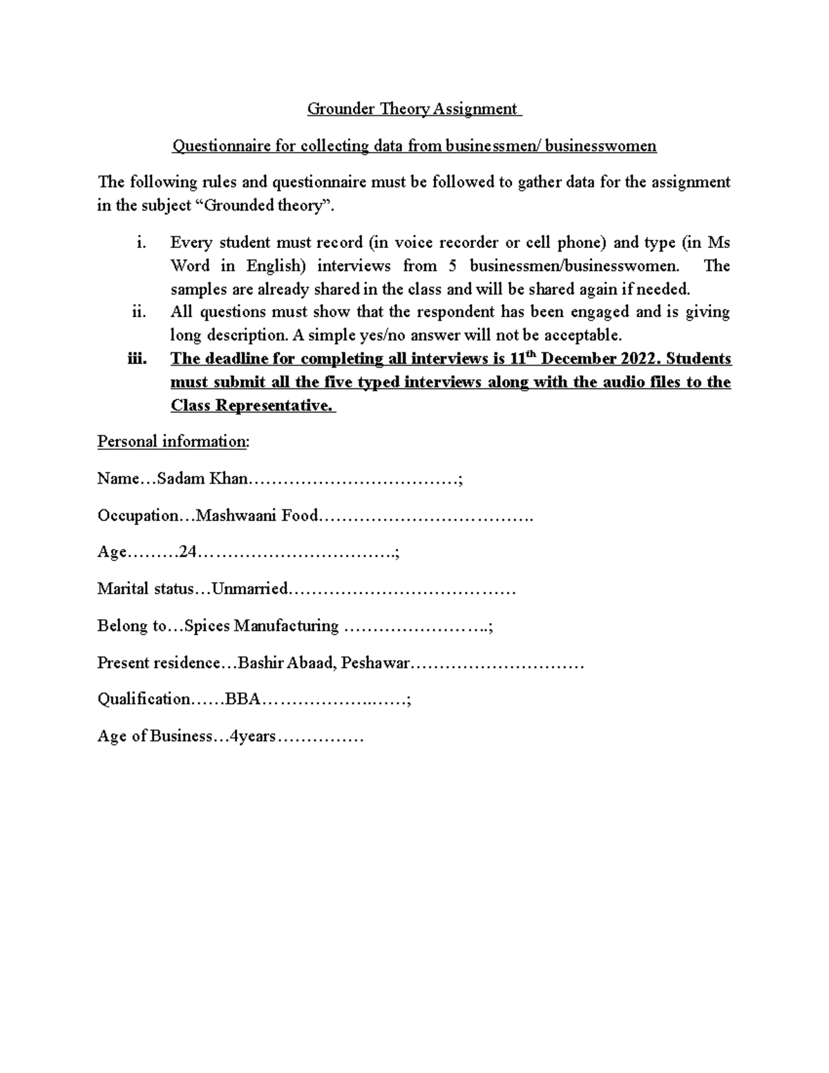 Typed Interview Grounder Theory Assignment Questionnaire For Collecting Data From Businessmen