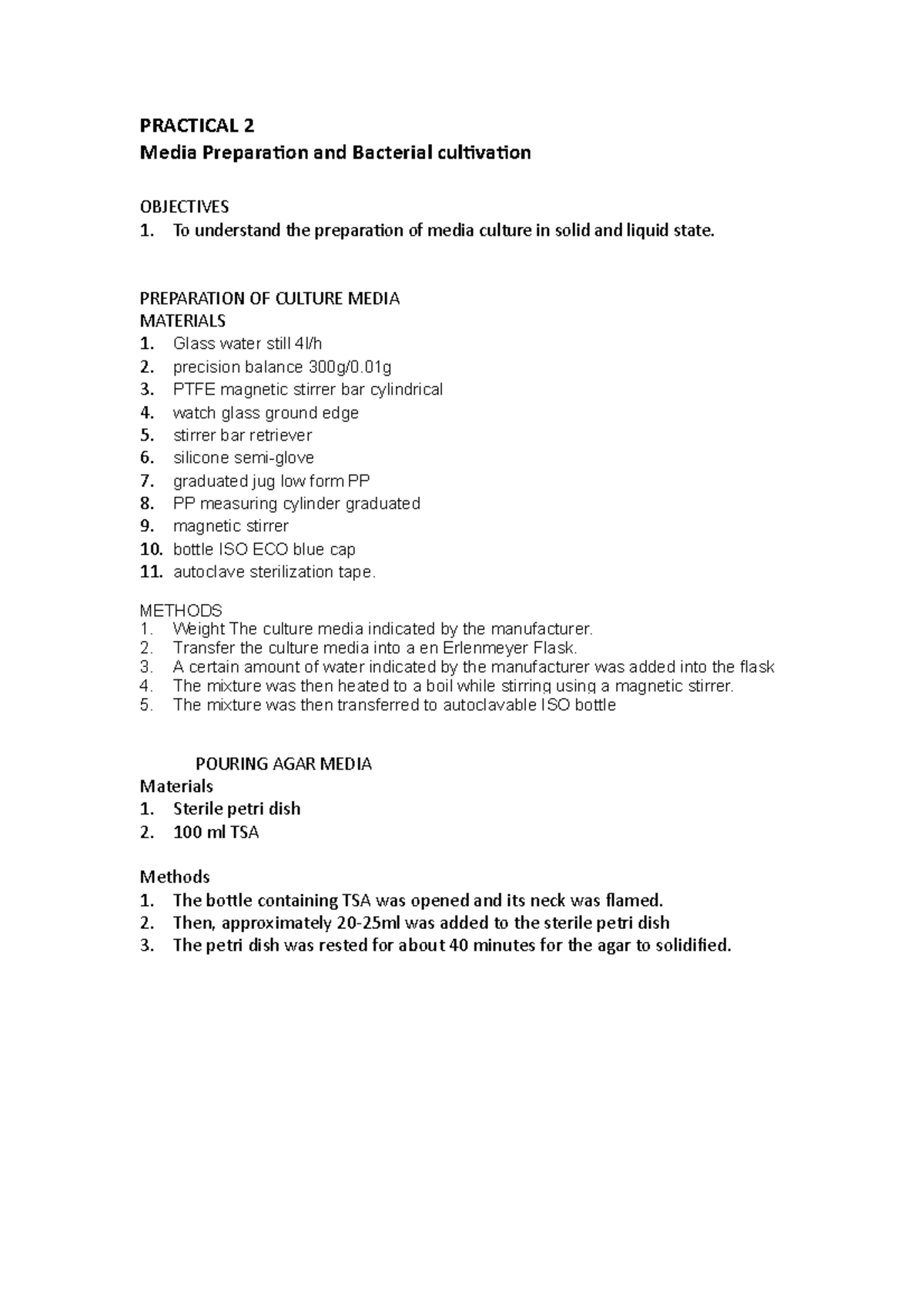 Practical 2 lab report - PRACTICAL 2 Media Preparation and Bacterial ...