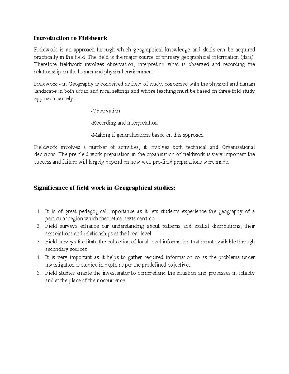 Feild work 2 - egf5g - Introduction to Fieldwork Fieldwork is an ...