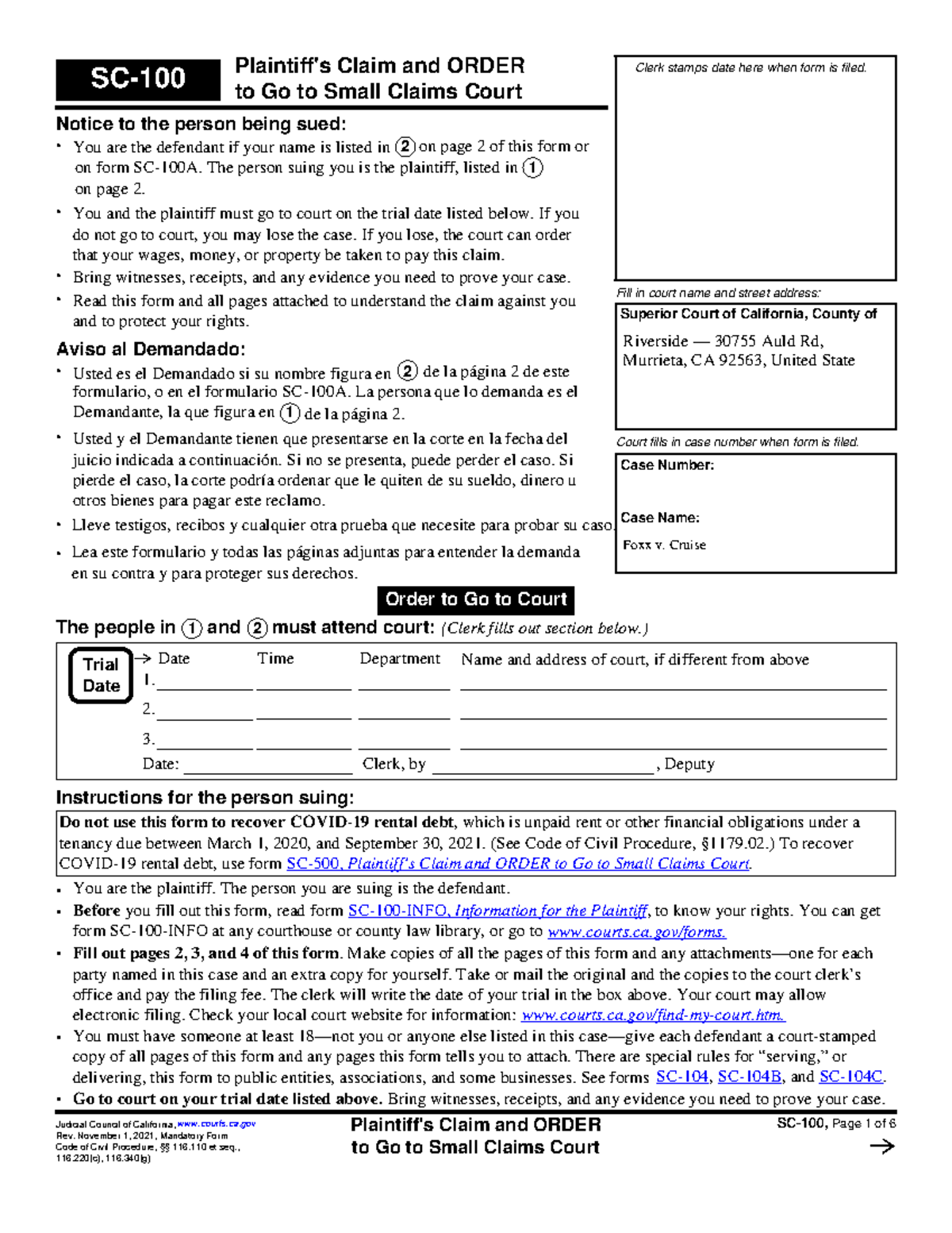 Form SC-100 Jamie Foxx And other legal documents - Judicial Council of ...