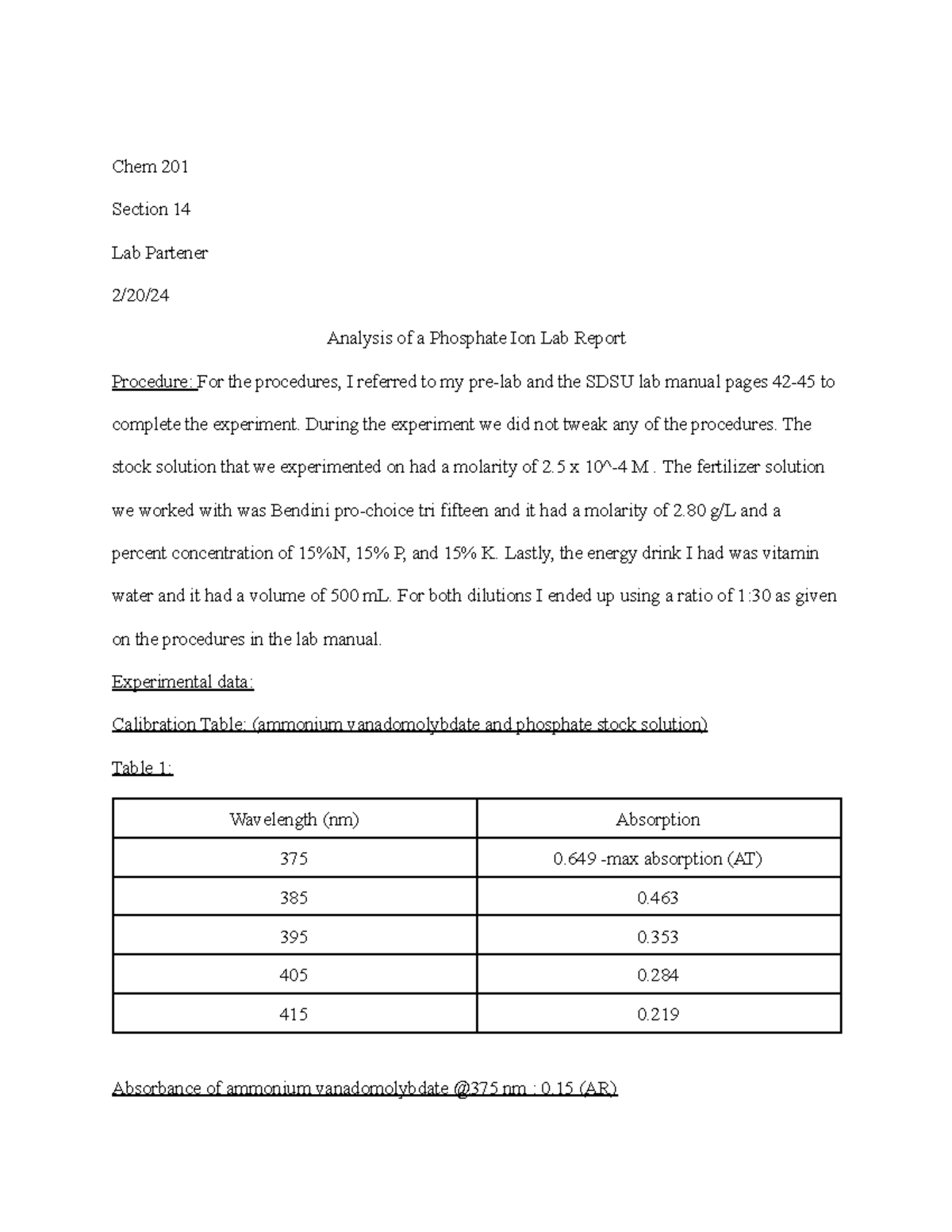 Chem 201 Analysis of a phosphate ion lab report - Chem 201 Section 14 ...
