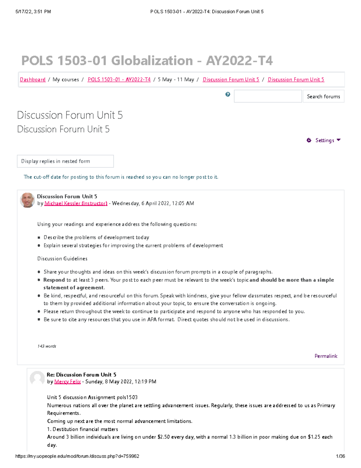 POLS 1503-01 - AY2022-T4 Discussion Forum Unit 5 - POLS 1503-01 Globalization - AY2022-T ...