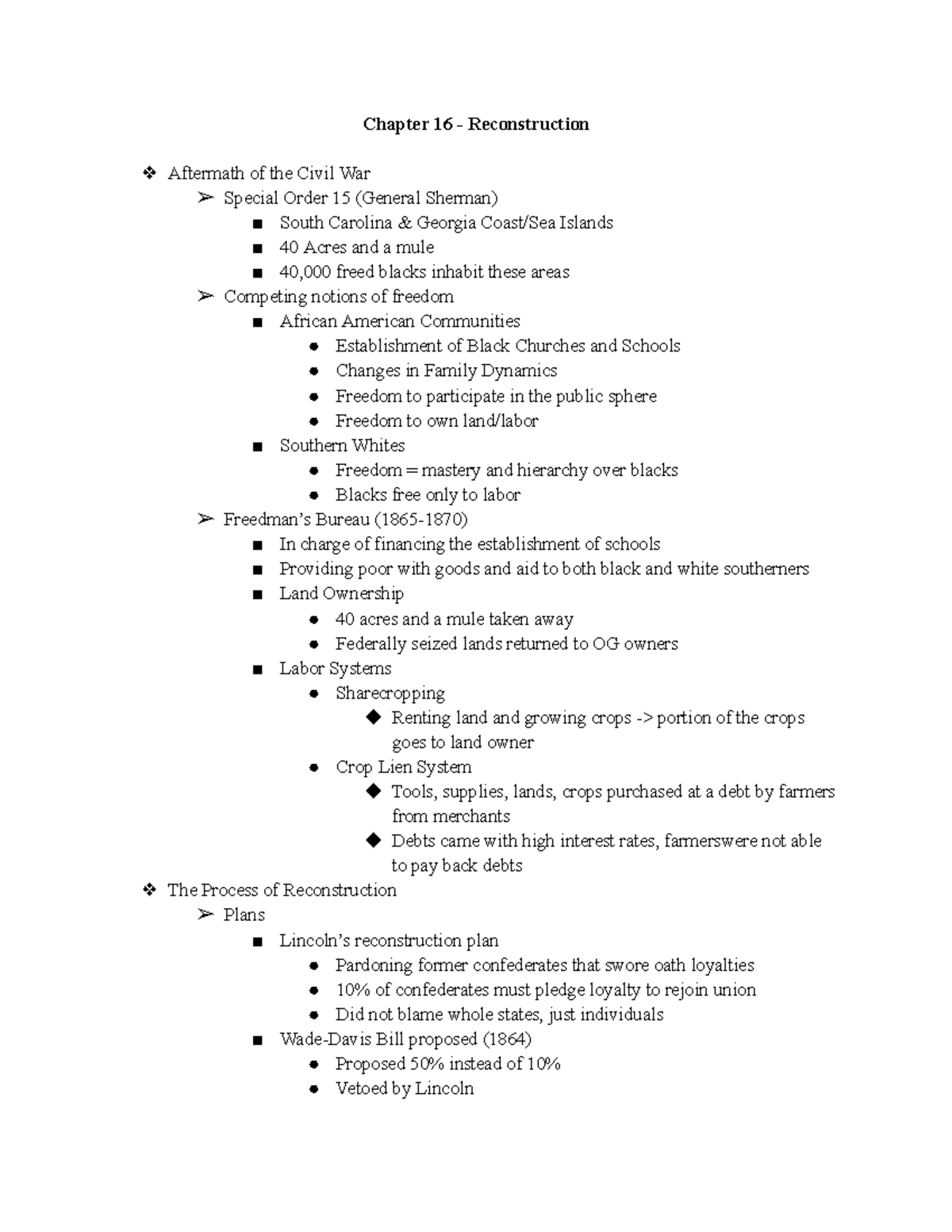 Chapter 16 Notes - Chapter 16 - Reconstruction Aftermath of the Civil ...