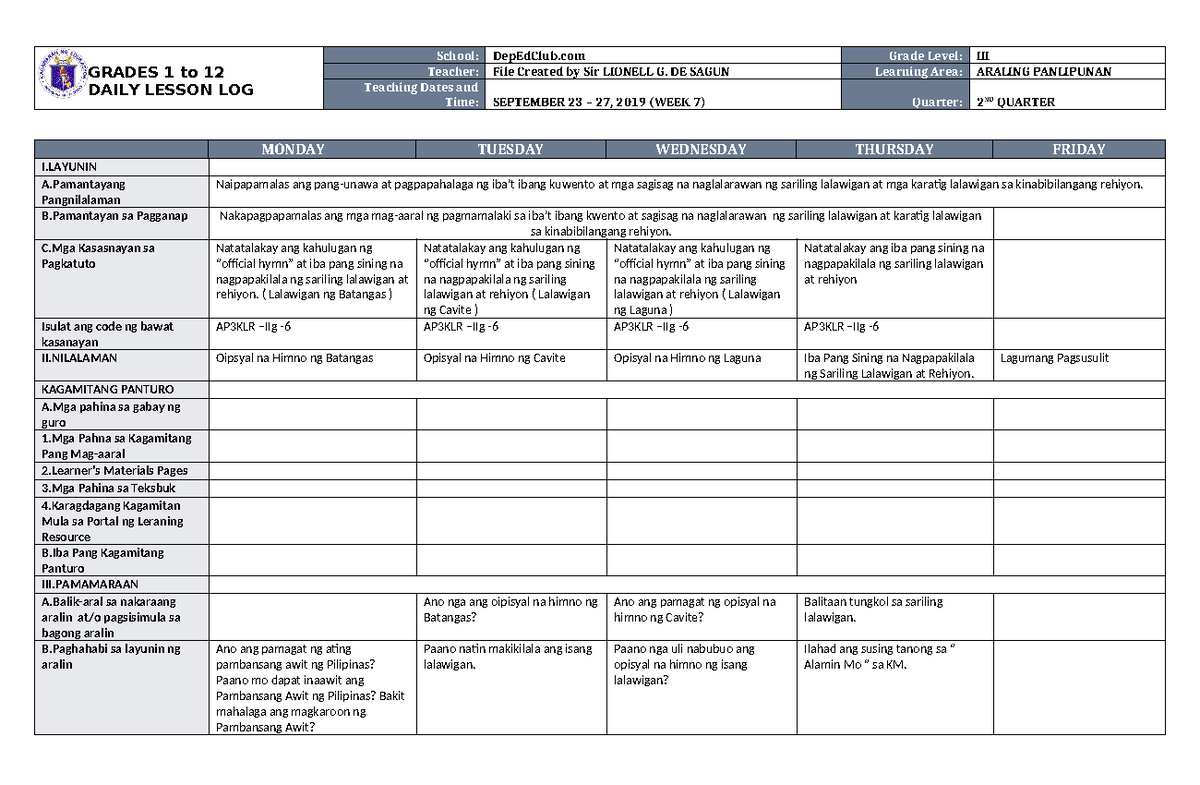DLL Araling Panlipunan 3 Q2 W7 - GRADES 1 to 12 DAILY LESSON LOG School: DepEdClub Grade Level ...