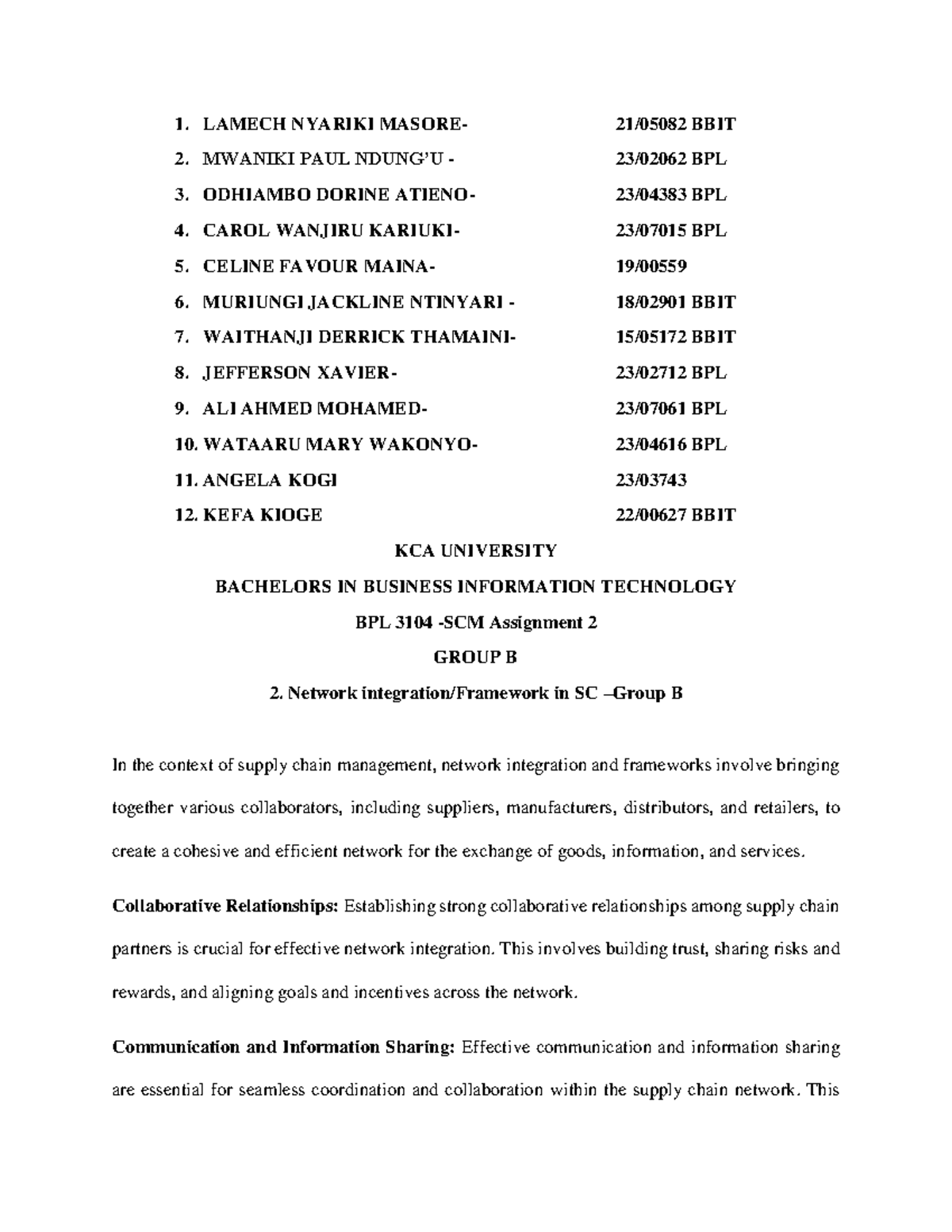 Assignment 2 group B - 1. LAMECH NYARIKI MASORE- 21/05082 BBIT 2. MWANIKI PAUL NDUNG’U - 23/ ...