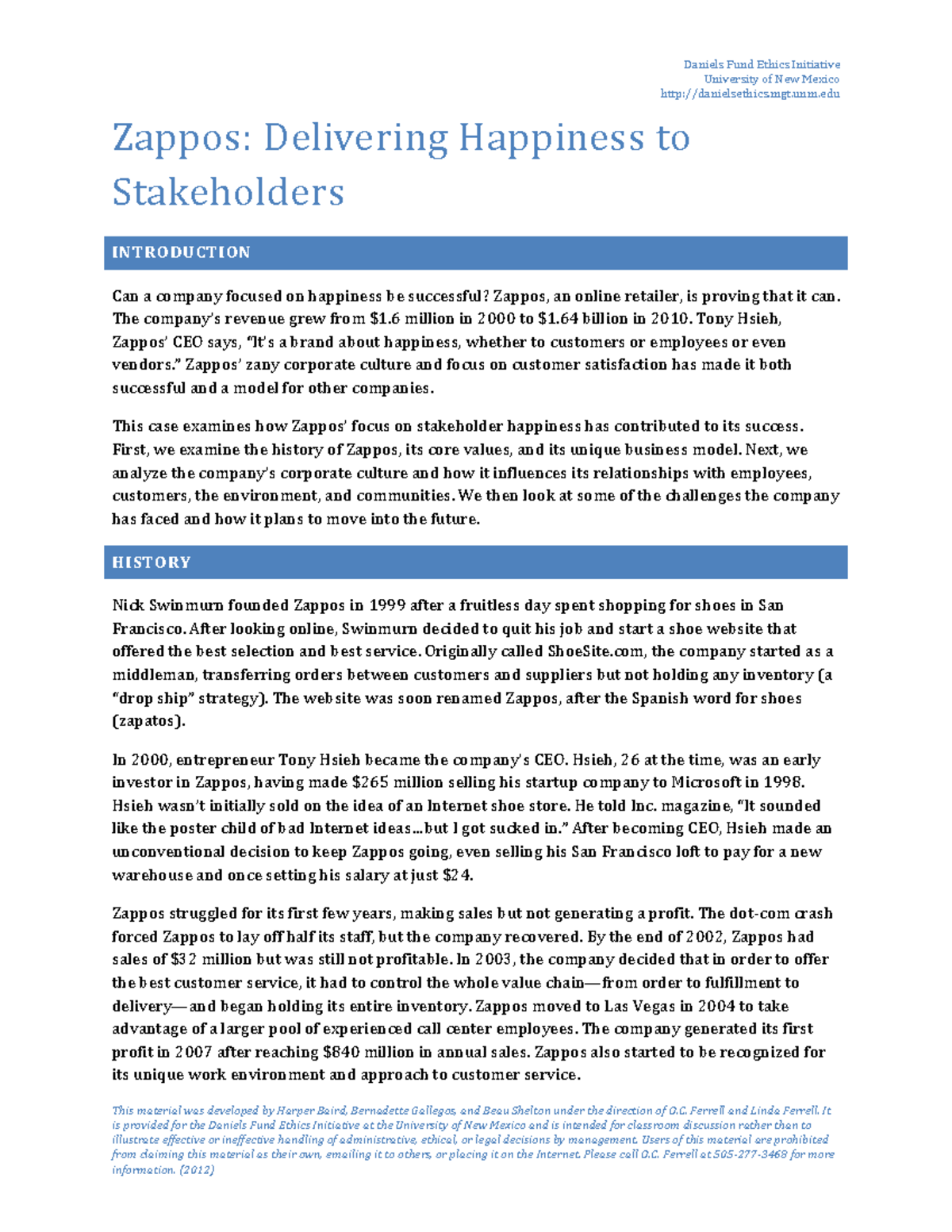 Zappos Case - Daniels Fund Ethics Initiative University of New Mexico ...