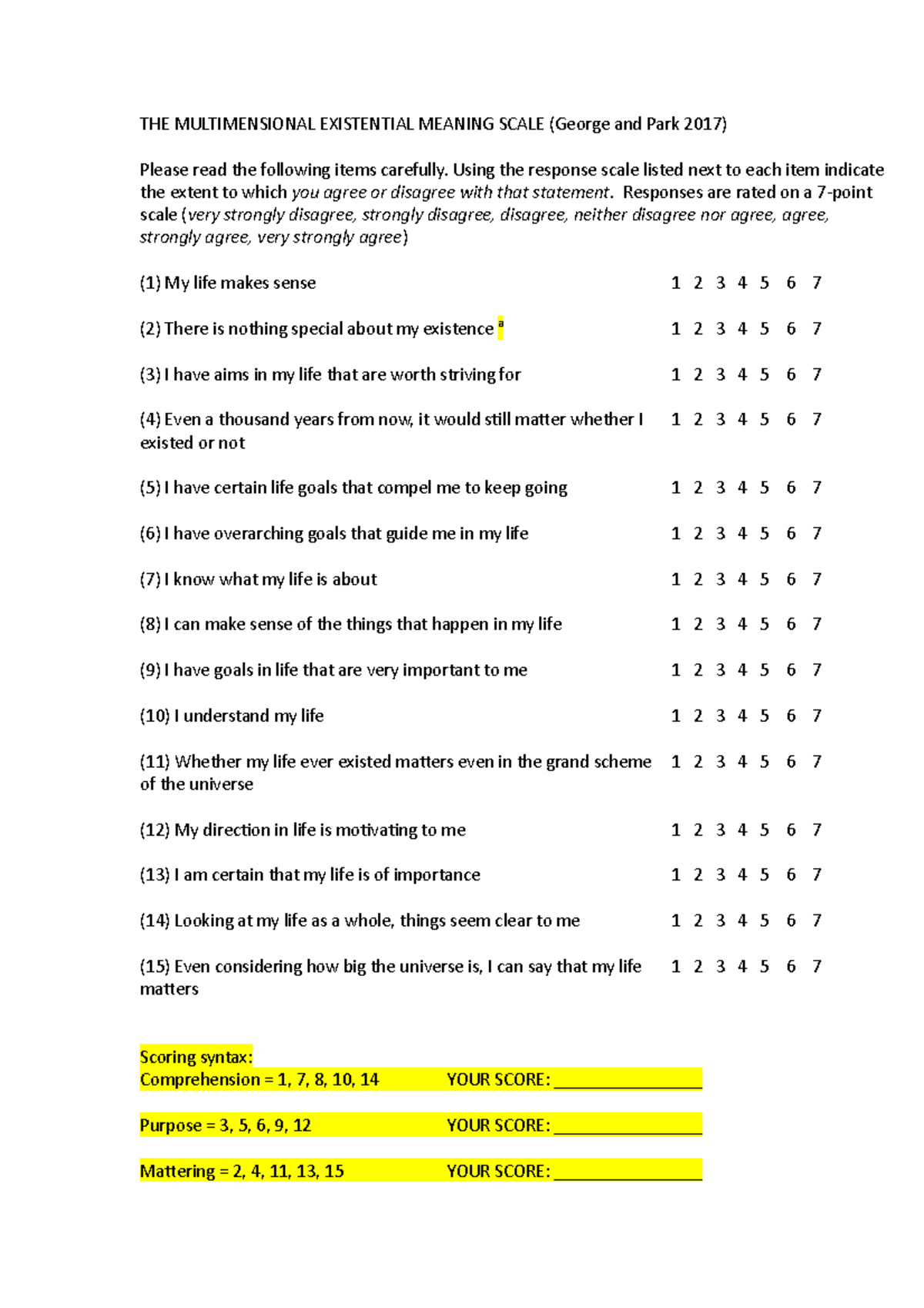 PYB309 Meaning in Life Questionnaire - Tutorial 4 - THE MULTIMENSIONAL ...