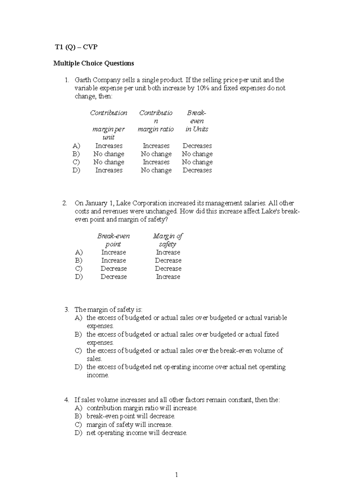 T1 (Q) CVP - tutorial questions for Cost Volume Profit in Managerial Accouting - T1 (Q) – CVP ...