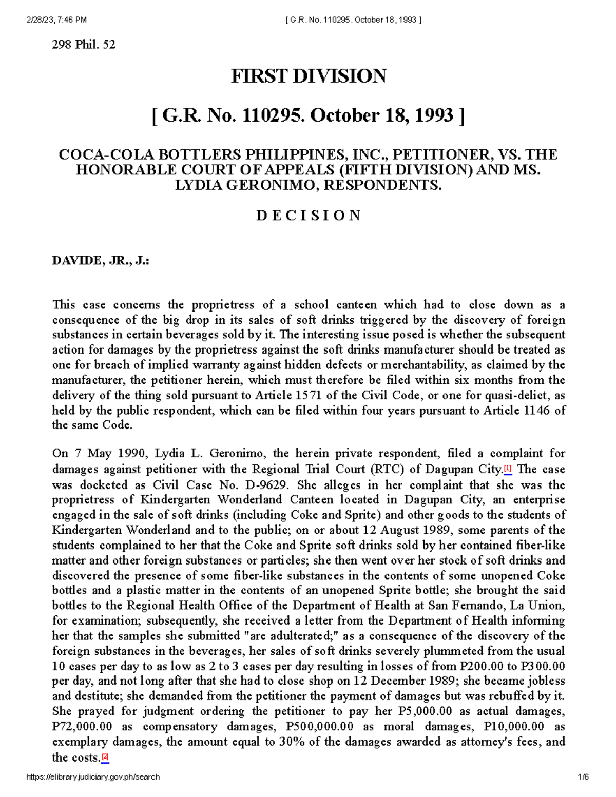 Coca-Cola Bottlers Philippines, Inc. vs. CA and Lydia Geronimo, G.R. No ...