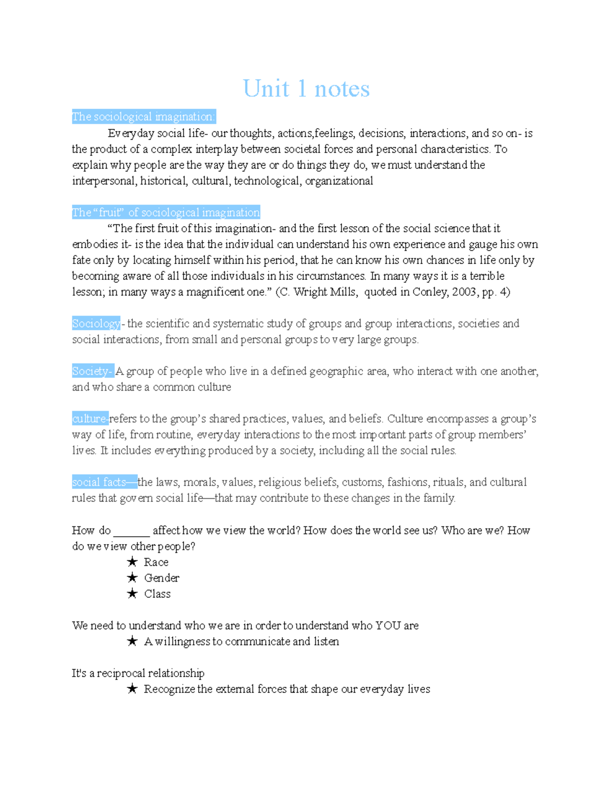 Sociology pt 1 - Unit 1 notes The sociological imagination: Everyday ...