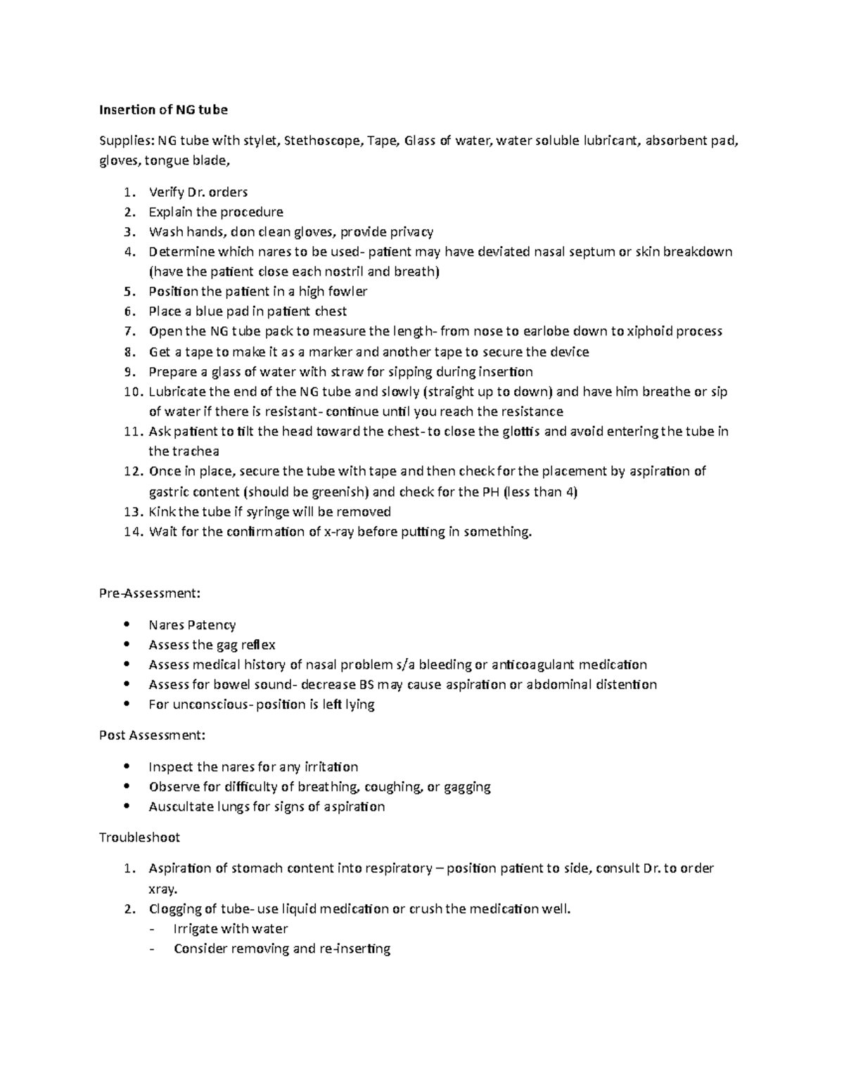 Insertion of NG tube - research - Insertion of NG tube Supplies: NG ...