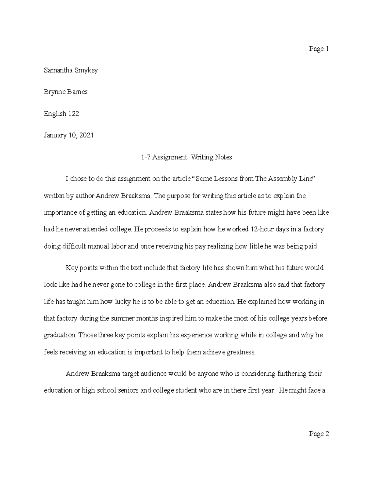 Eng 122 writing notes - Page 1 Samantha Smyksy Brynne Barnes English ...